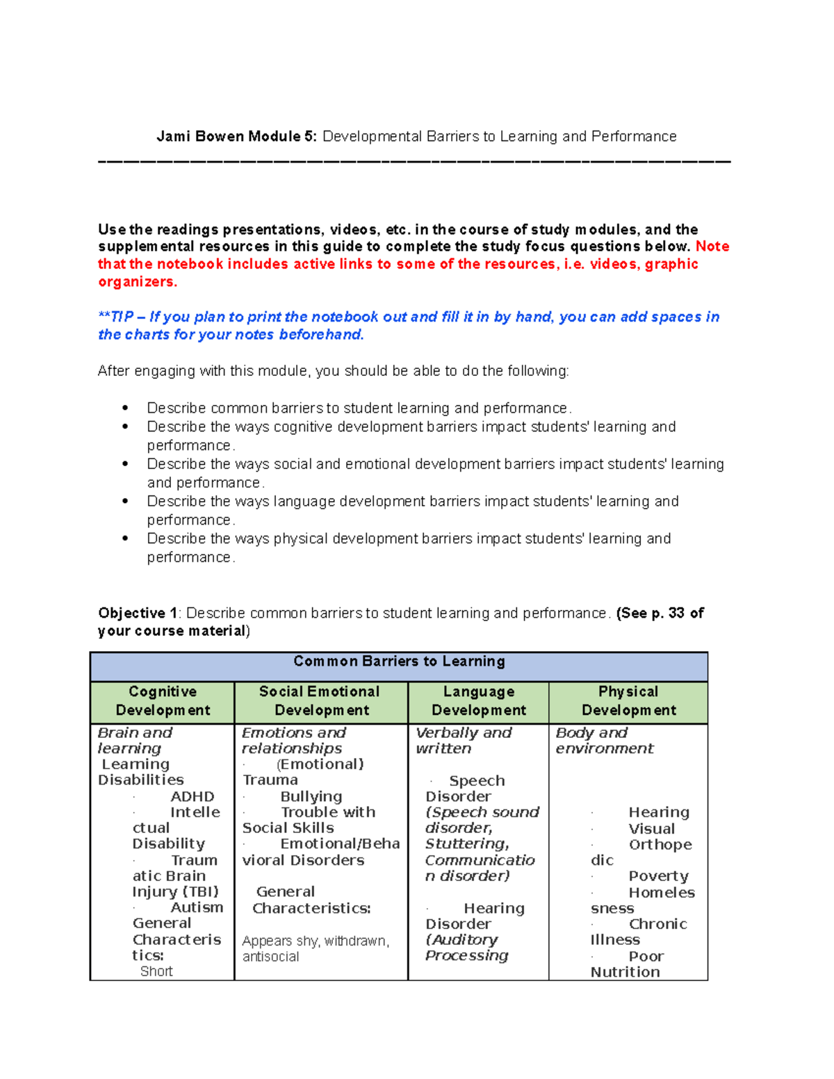 Module 5 Notebook - 1 - Jami Bowen Module 5: Developmental Barriers to ...