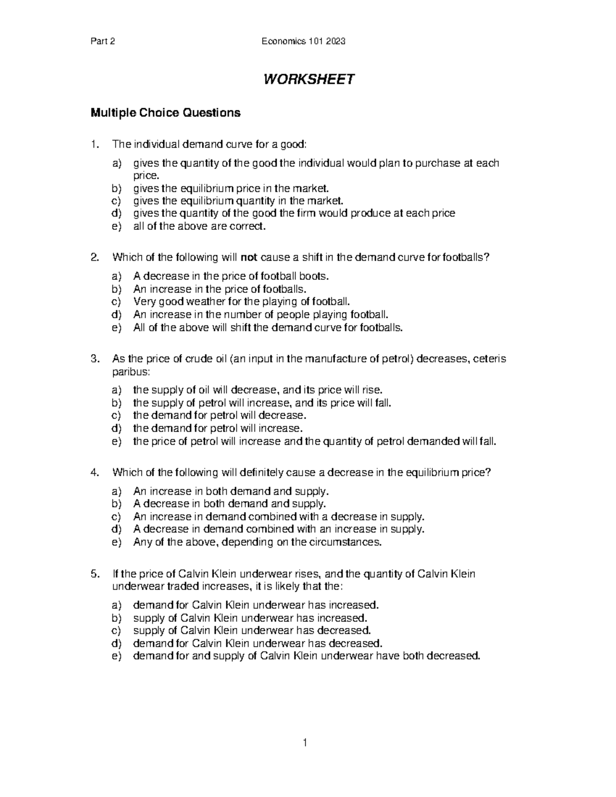 2023-ECON 101 Part 2 Worksheet 2023 - WORKSHEET Multiple Choice ...