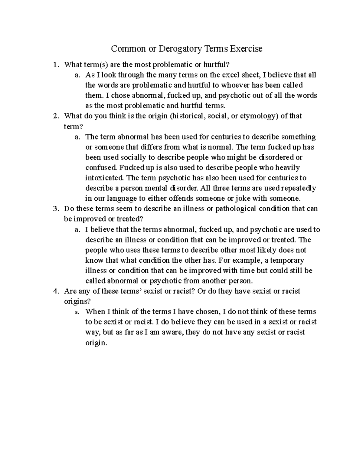 Common or Derogatory Terms Exercise - As I look through the many terms ...