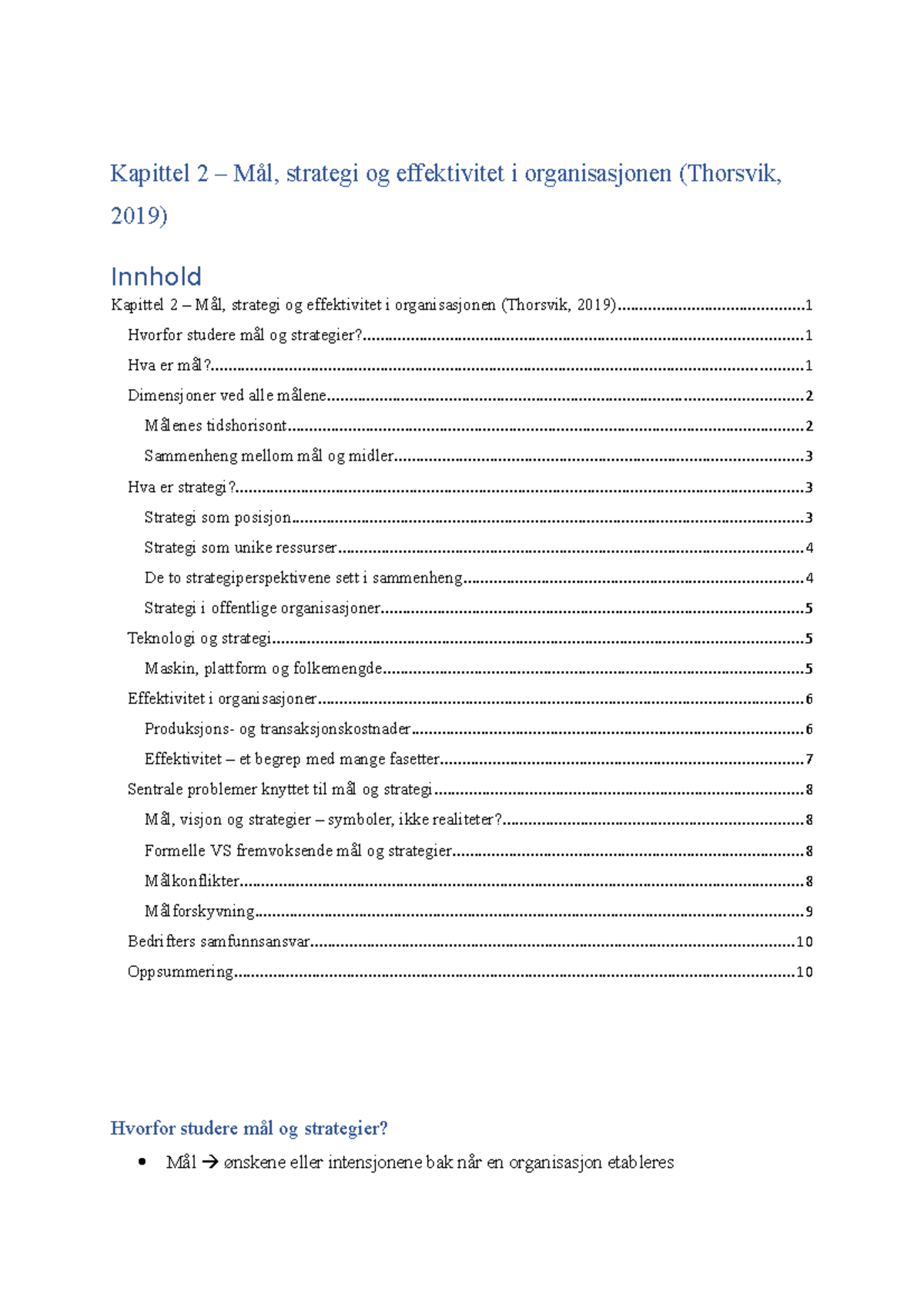 Kap.2 Thorsvik 2019 - Notater fra kapittelet "Mål, strategi og effektivitet i organisasjonen ...