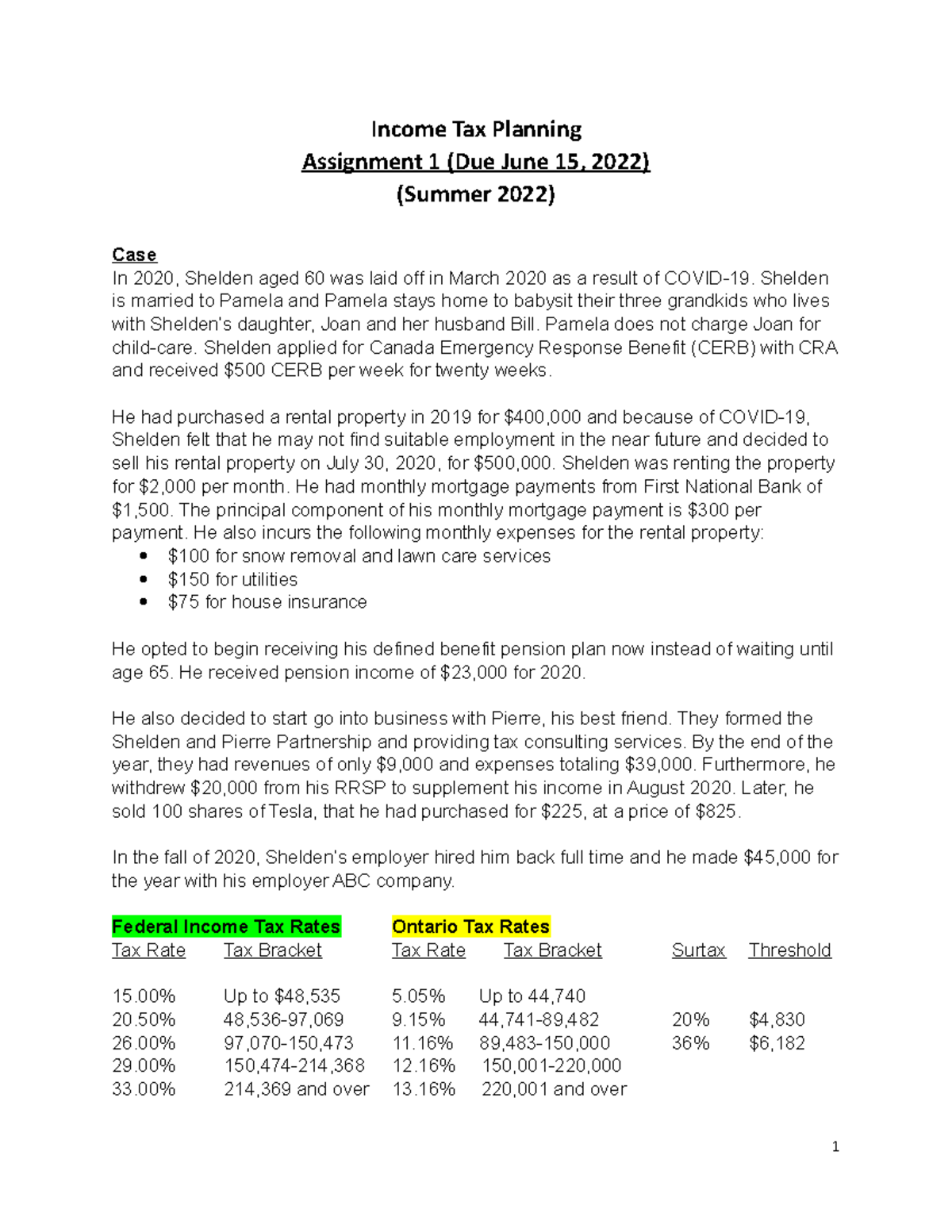 Income Tax Planning (Assignment 1 - FIN 2005 Questions Summer 2022 ...