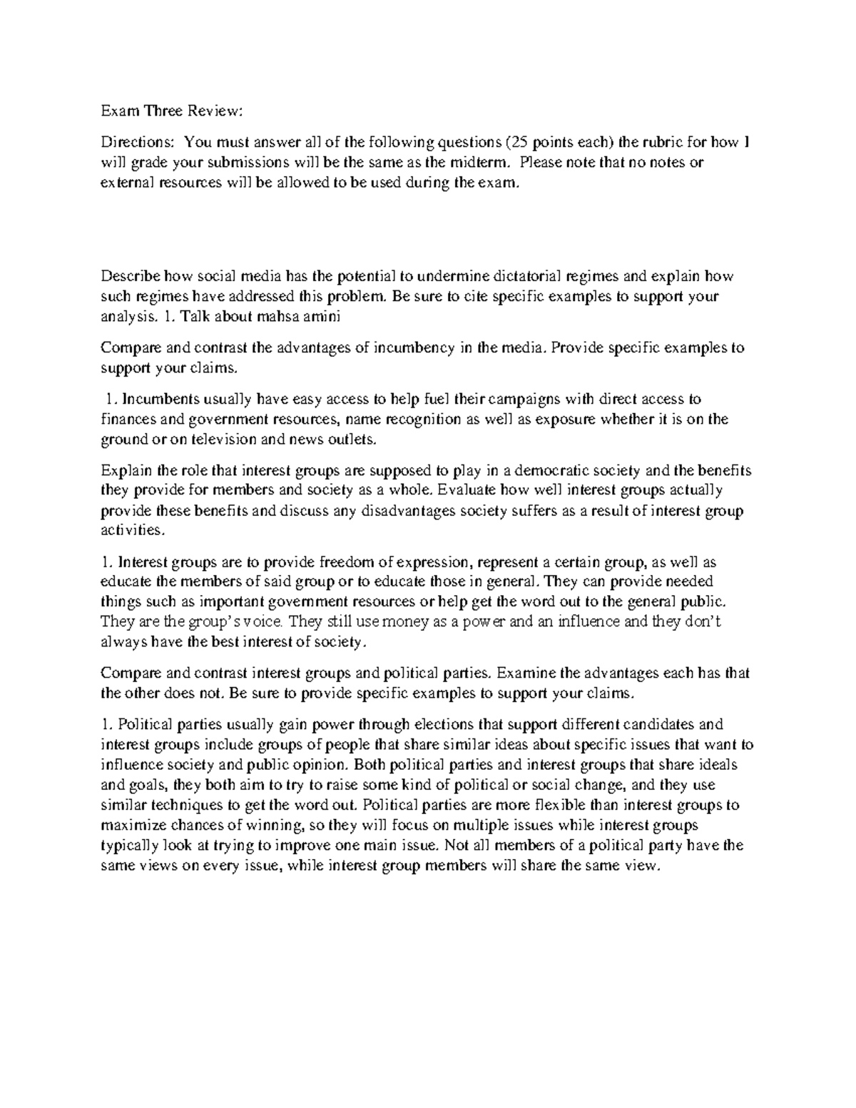 Exam Three POL 200 Online - Exam Three Review: Directions: You must ...