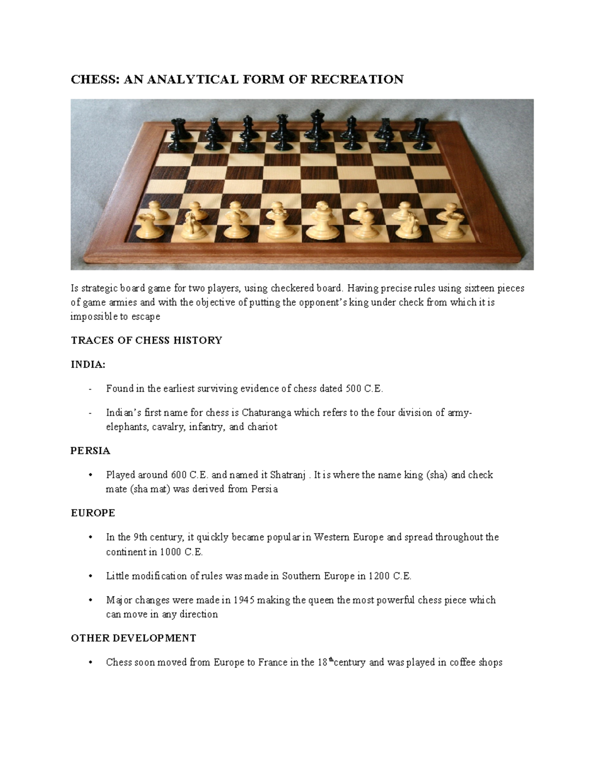 Chess - CHESS: AN ANALYTICAL FORM OF RECREATION Is strategic board game ...