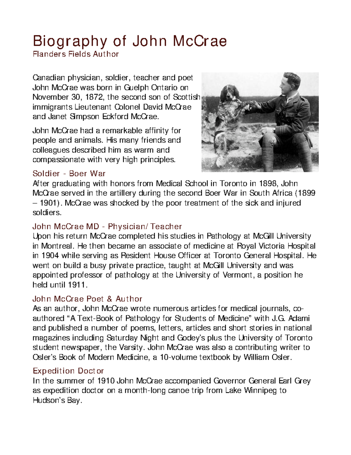 John Mc Rae - Biography and In Flanders Fields - Biography of John ...