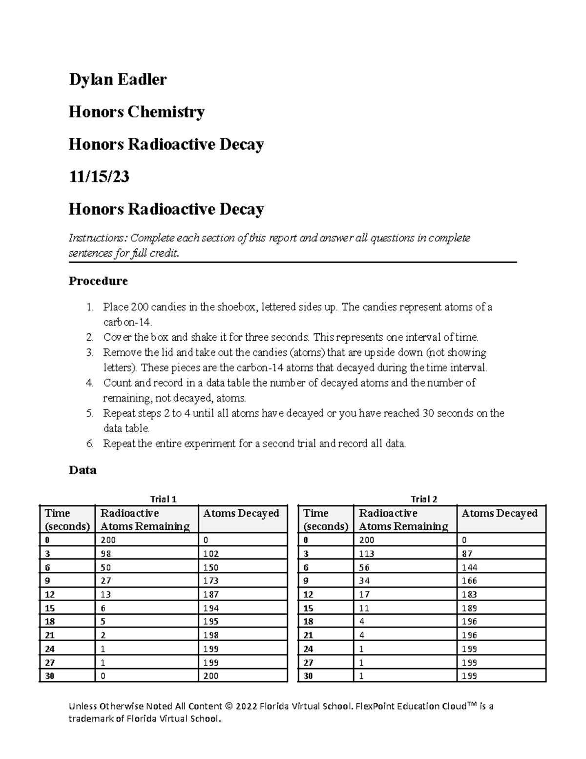 Honors radioactive decay worksheet.docx - Dylan Eadler Honors Chemistry ...