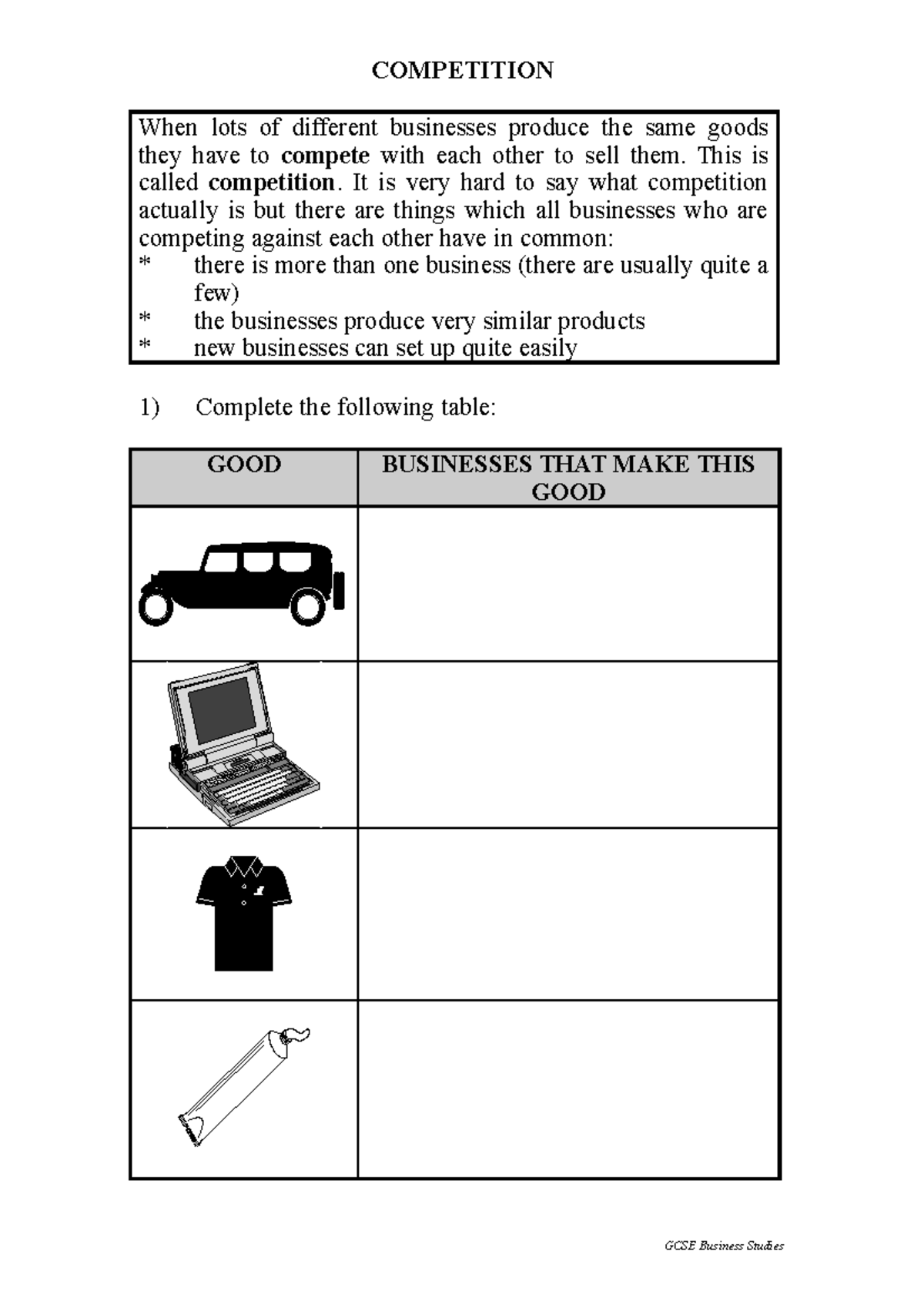 Competition - Worksheet - COMPETITION When lots of different businesses ...