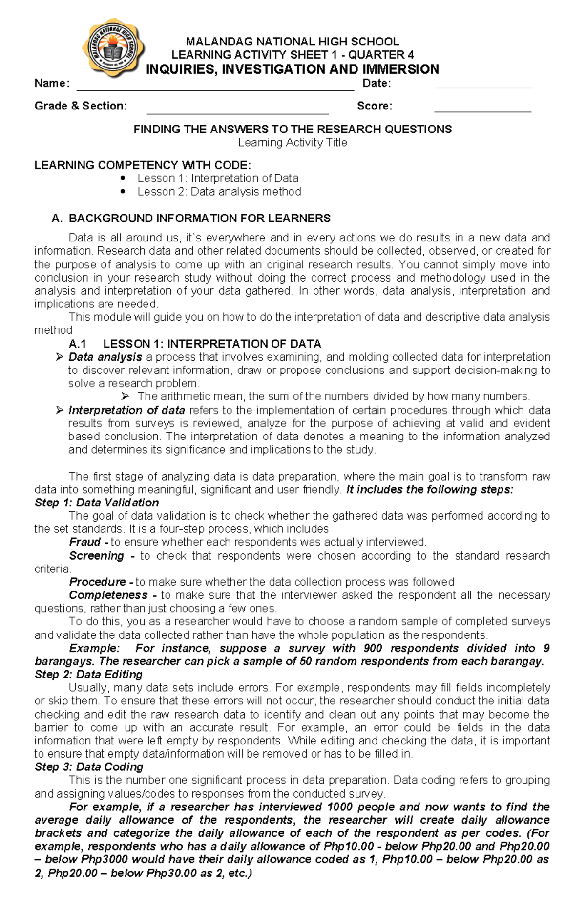 Iinquiry Invegtigation and Immersion Brief - MALANDAG NATIONAL HIGH ...