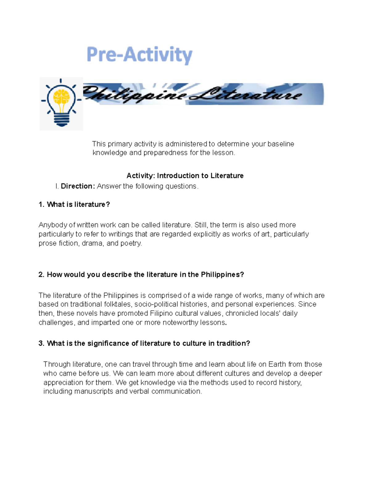 Chapter 1 - Preactivity - Introduction TO Literature Module - This ...