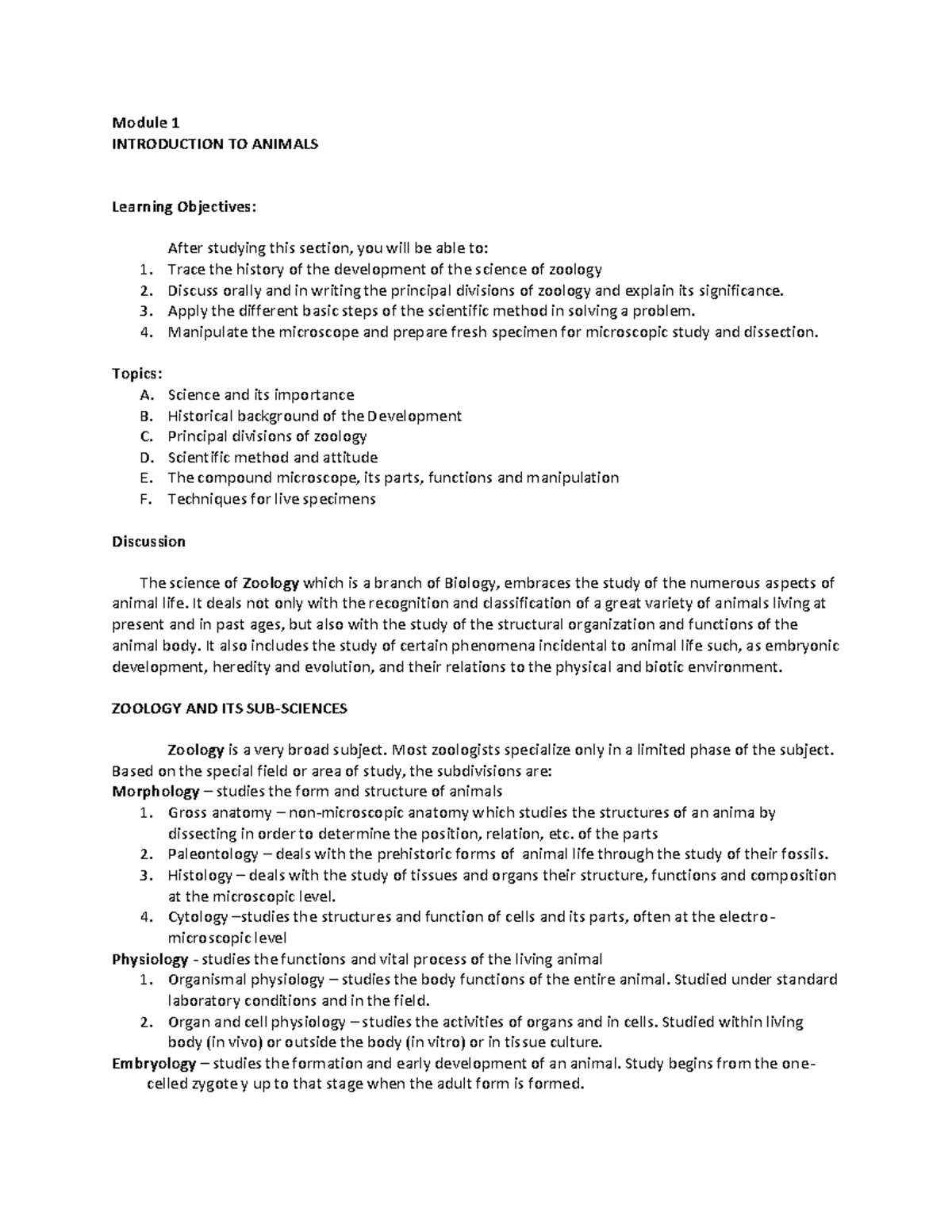 Module-1.zoology - SCIENCE - Module 1 INTRODUCTION TO ANIMALS Learning ...