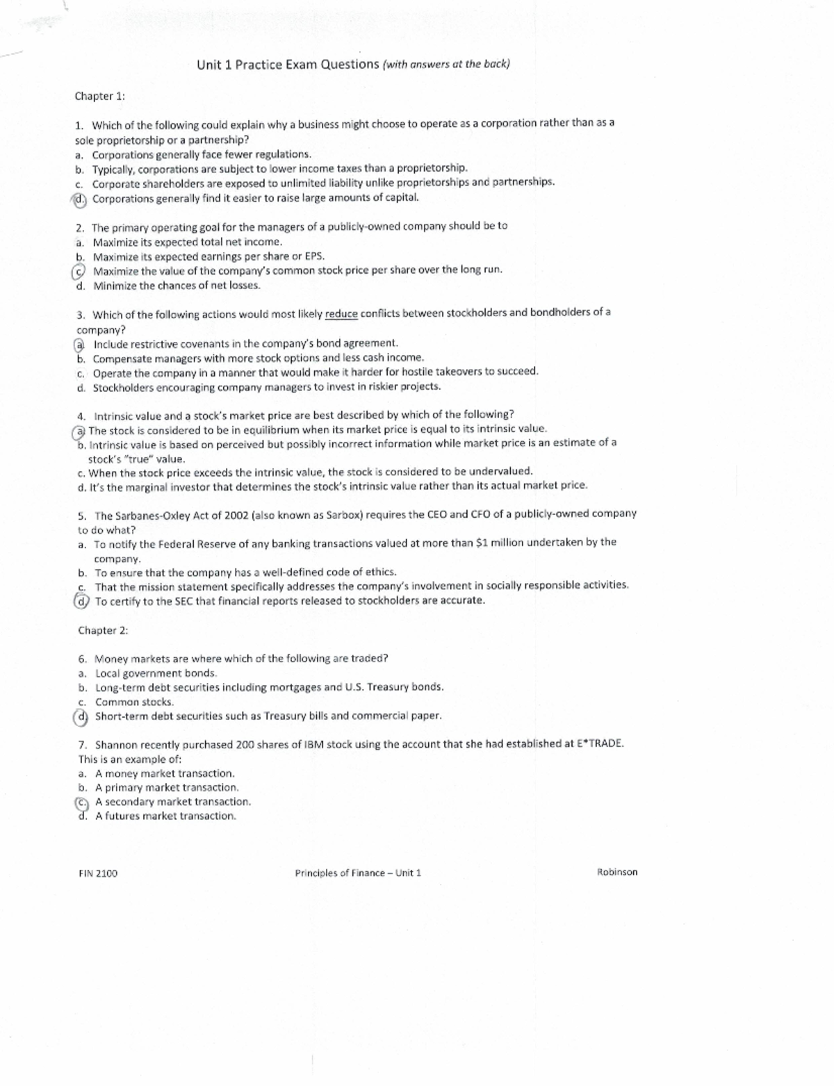 Unit 1 Practice Exam - FIN 2100 - Studocu