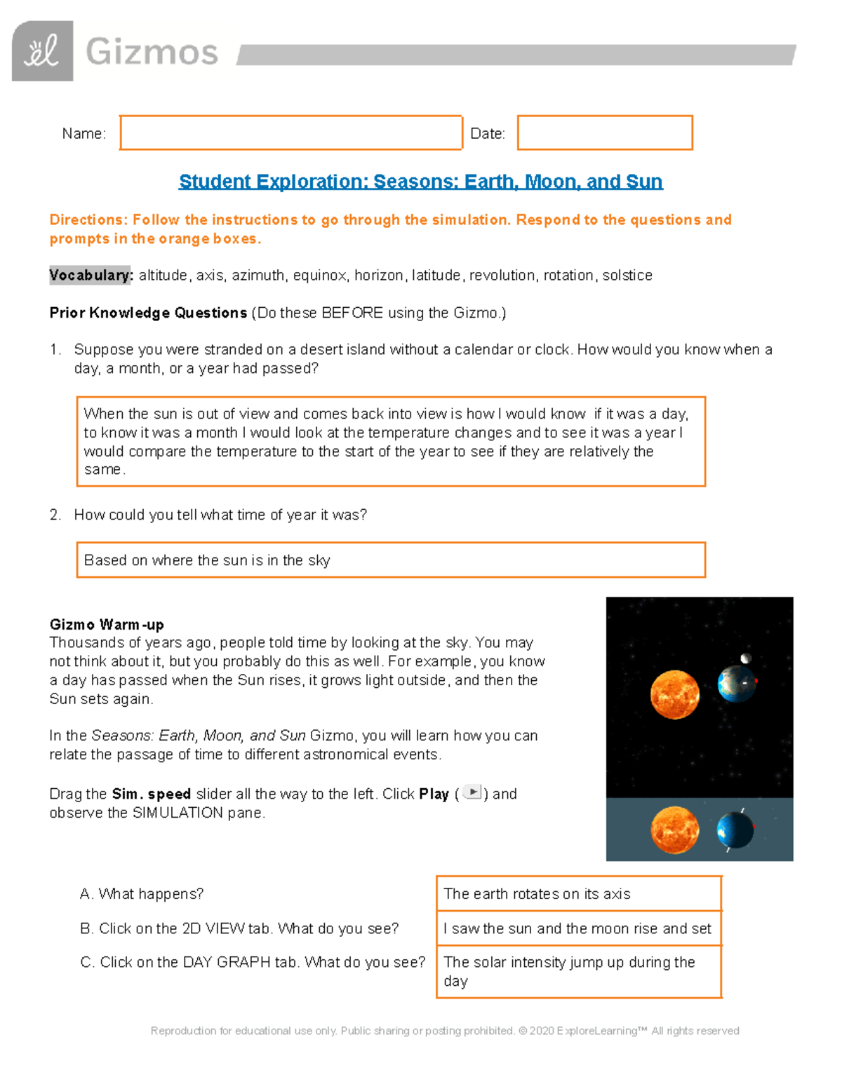 Copy of Seasons Earth Moon Sun SE - Name: Date: Student Exploration ...