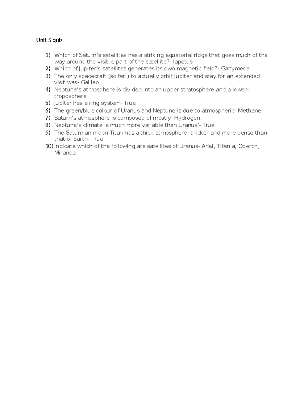 Unit 5 quiz - unit quiz answers - Unit 5 quiz 1) Which of Saturn’s ...