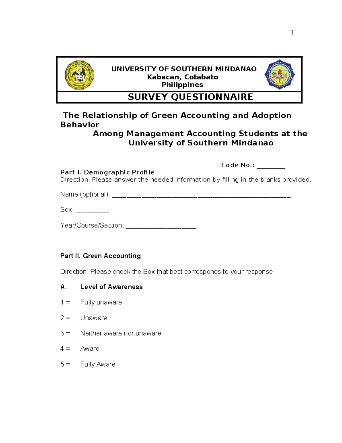 research instrument - 1 UNIVERSITY OF SOUTHERN MINDANAO Kabacan ...