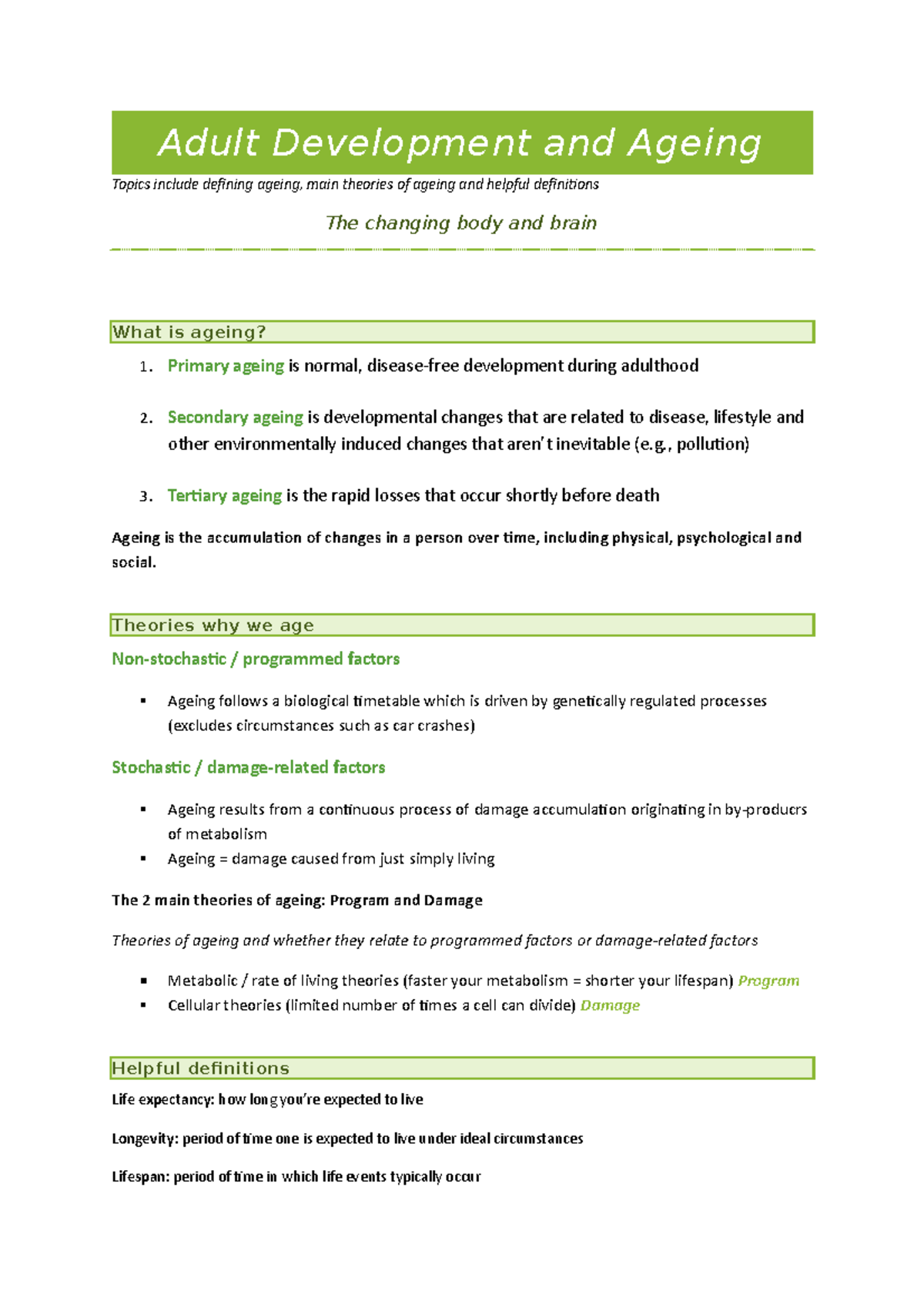 Adult Development and Ageing 4 - Adult Development and Ageing Topics ...