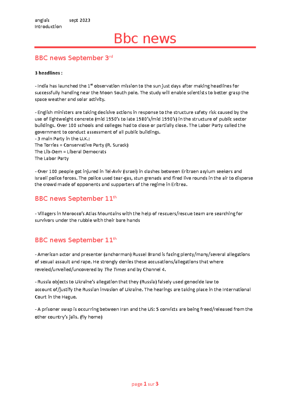 Bbc news - bbc news - résumé - anglais sept 2023 Introduction Bbc news ...