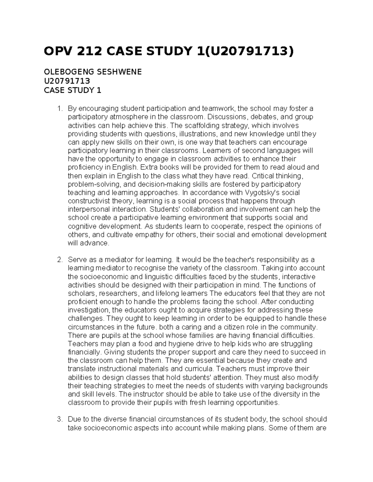 OPV CASE Study 1 2 - Assignment 1 OPV - OPV 212 CASE STUDY 1(U20791713 ...