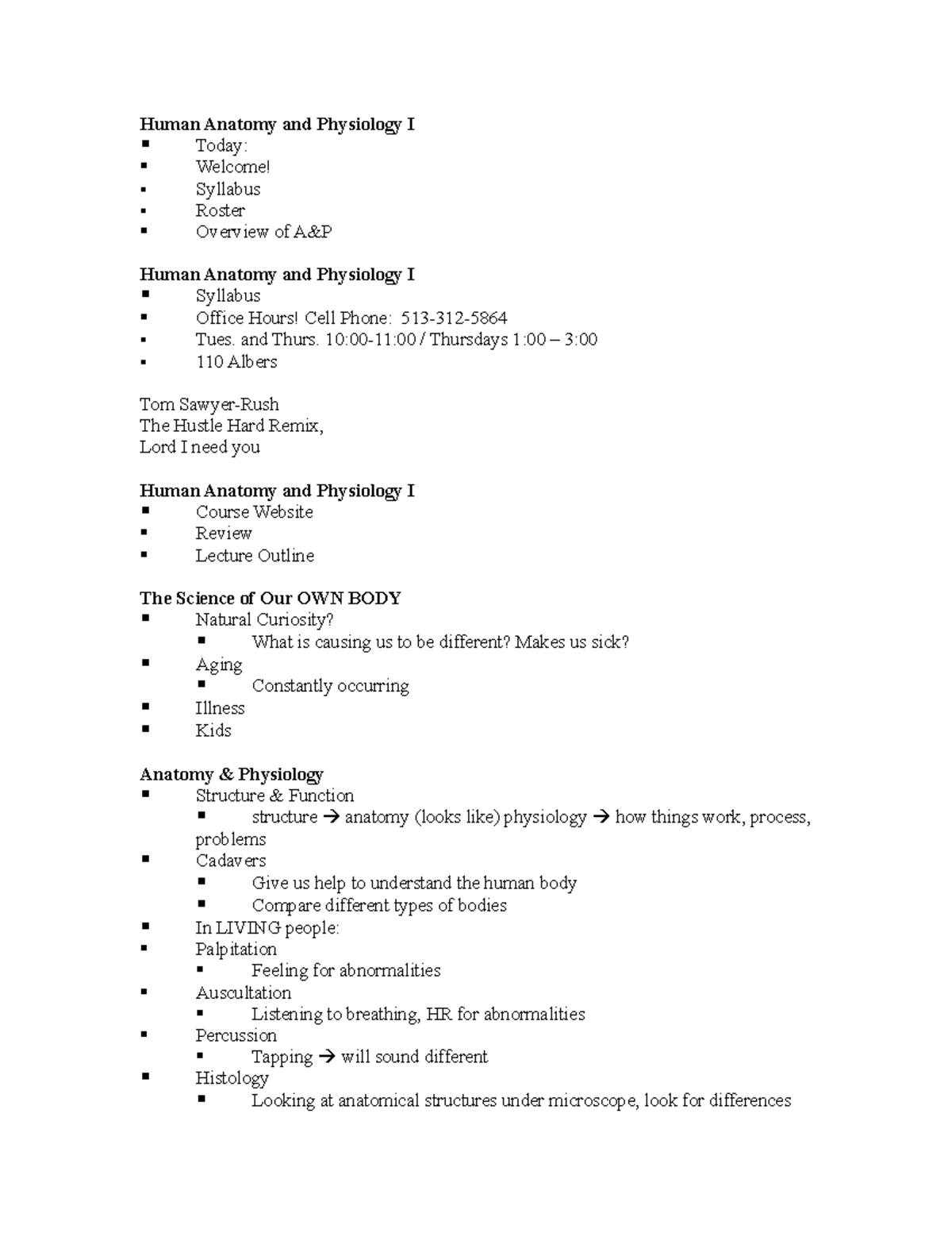 anatomy and phys outline 1 - Human Anatomy and Physiology I Today ...