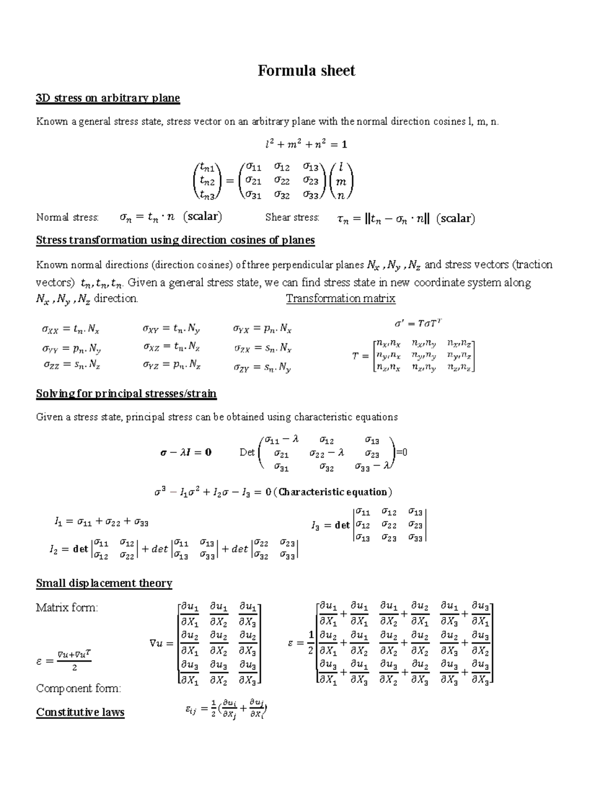 MECE 4210-Midterm Exam - Formula Sheet - Formula sheet 3D stress on ...