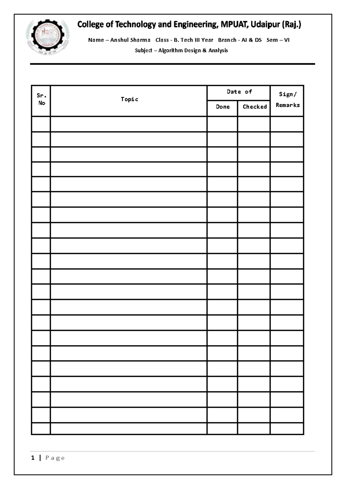 AS DSA - Subject – Algorithm Design & Analysis Sr. No Topic Date of ...