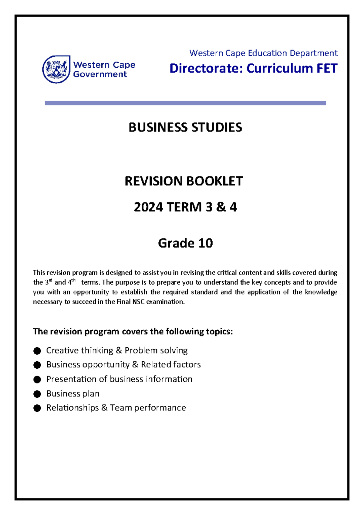 2024 Terms 3 & 4 Gr 10 BSTD Revision Booklet L - Western Cape Education ...