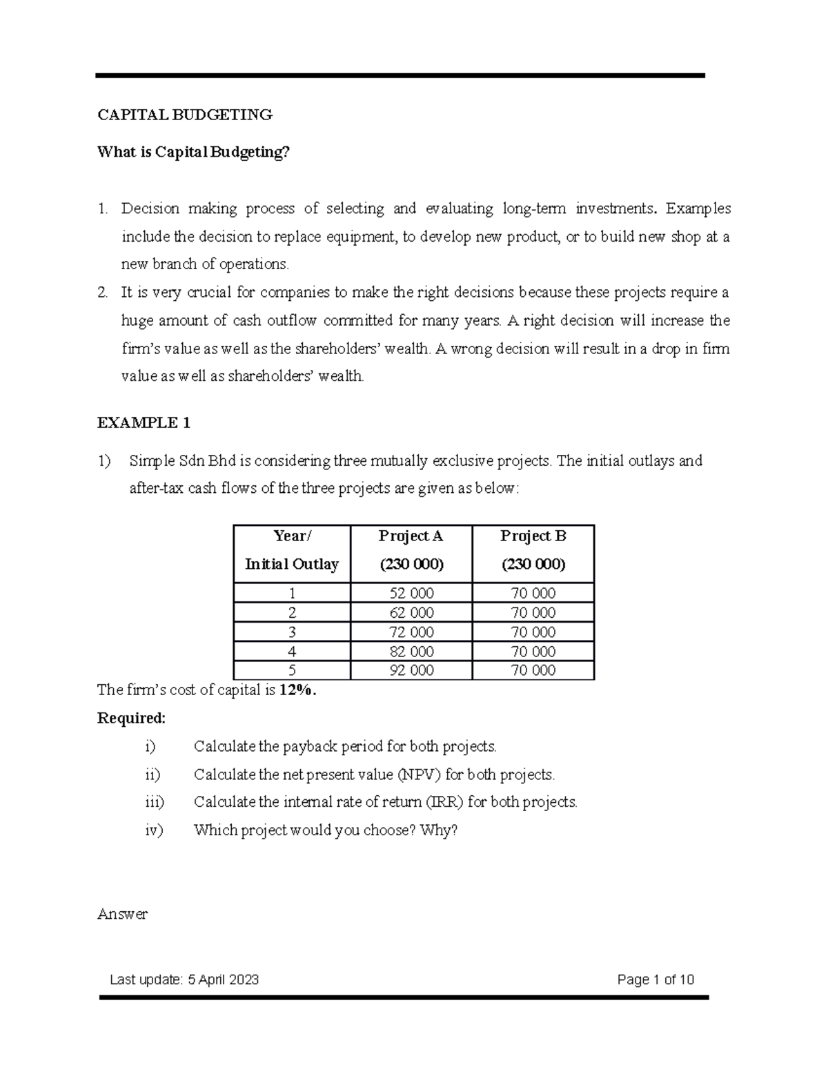 Capital Budgeting - Example and Tutorial Question - CAPITAL BUDGETING ...