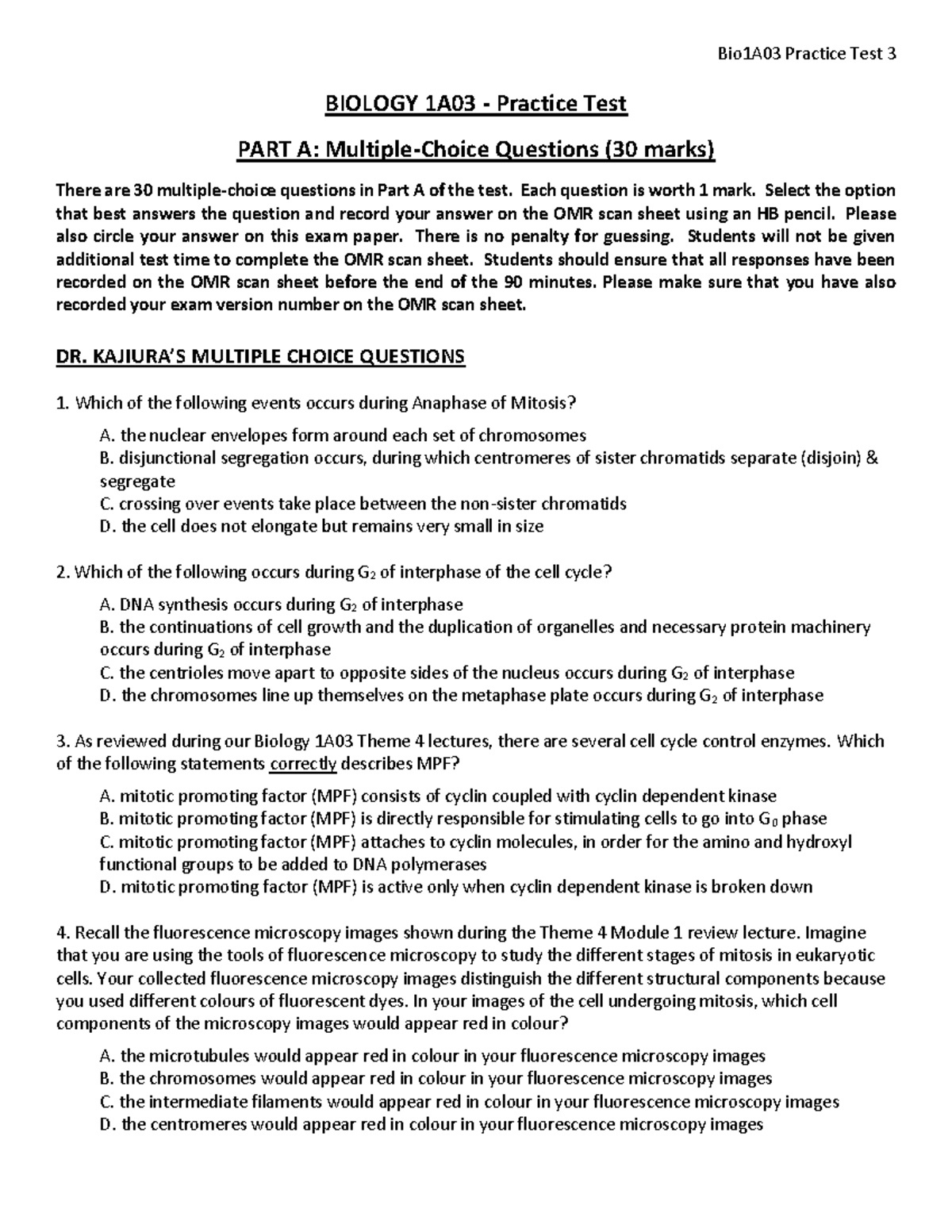 Bio1A03 Practice Test 3 - Bio1A03 Practice Test 3 BIOLOGY 1A03 ...