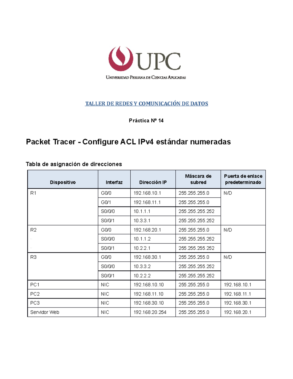 Laboratorio 14 Configuracion ACL IPv4 estandar numeradas - TALLER DE REDES Y COMUNICACIÓN DE ...