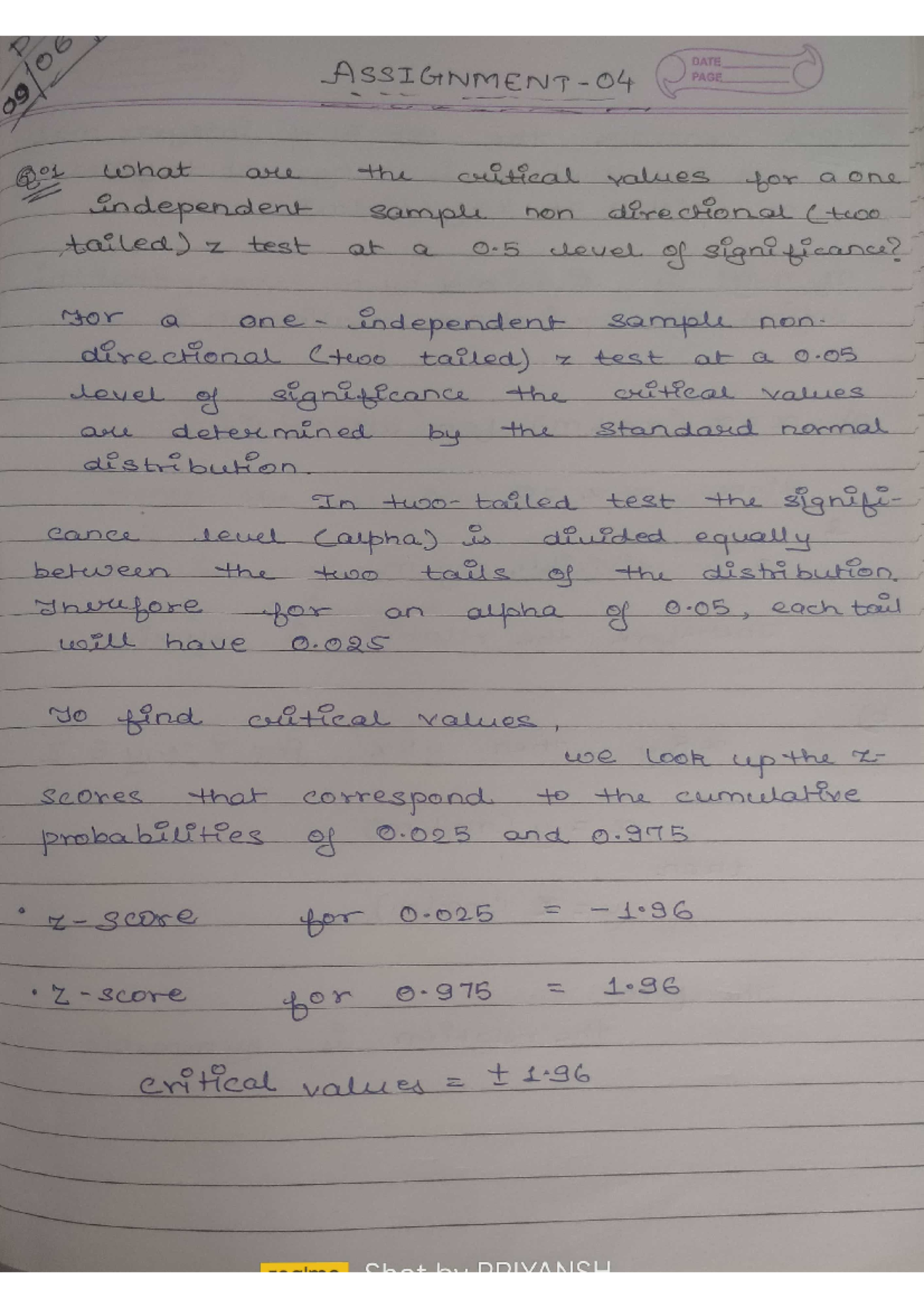 Discrete Assignment 04 - DATE ASSIGNMENT 04 PAGE Q01 what are the critical values for a one ...