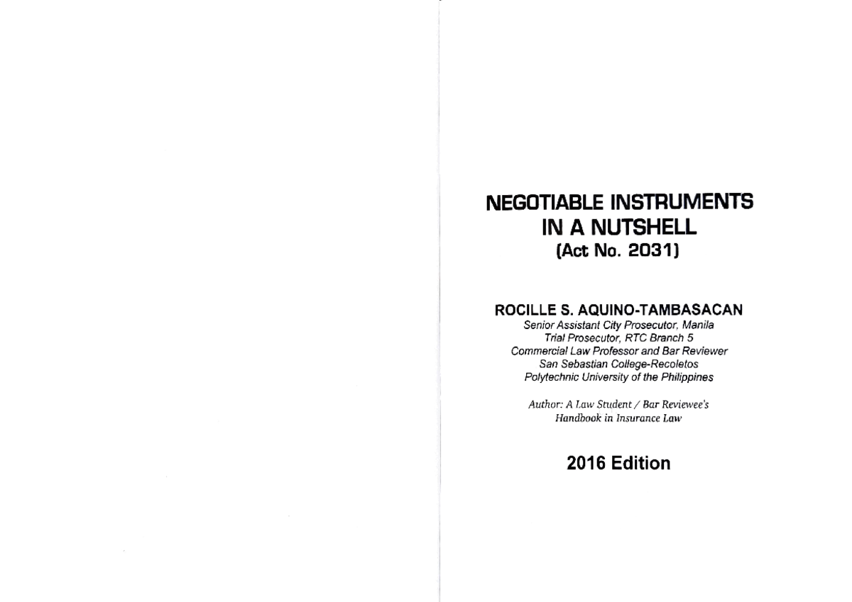 Negotiable Instruments Tambasacan - Negotiable Instruments in Law - Studocu