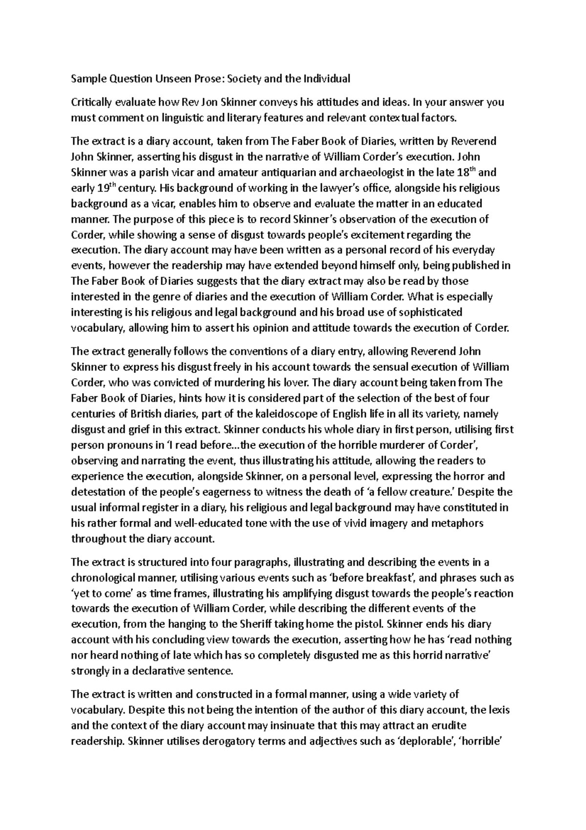 Unseen prose diary account - Sample Question Unseen Prose: Society and ...