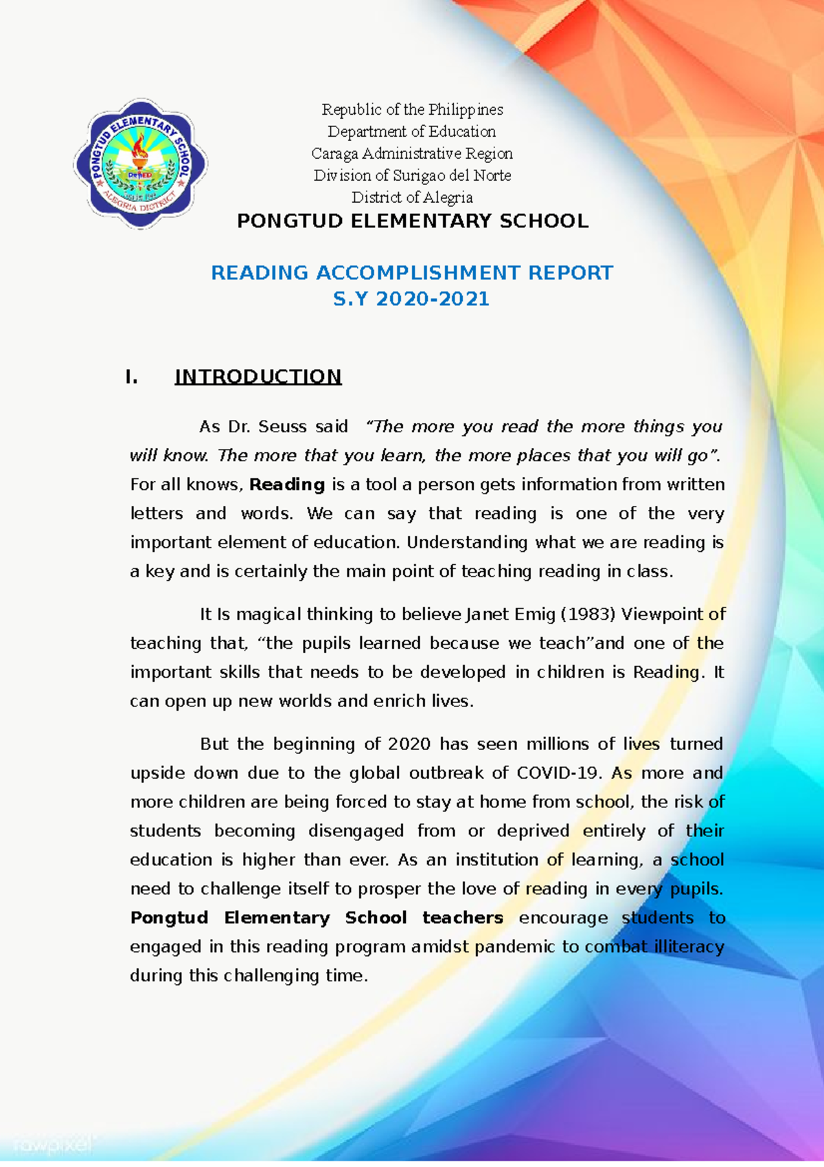 Reading Narrative Report 2021 - Republic of the Philippines Department ...