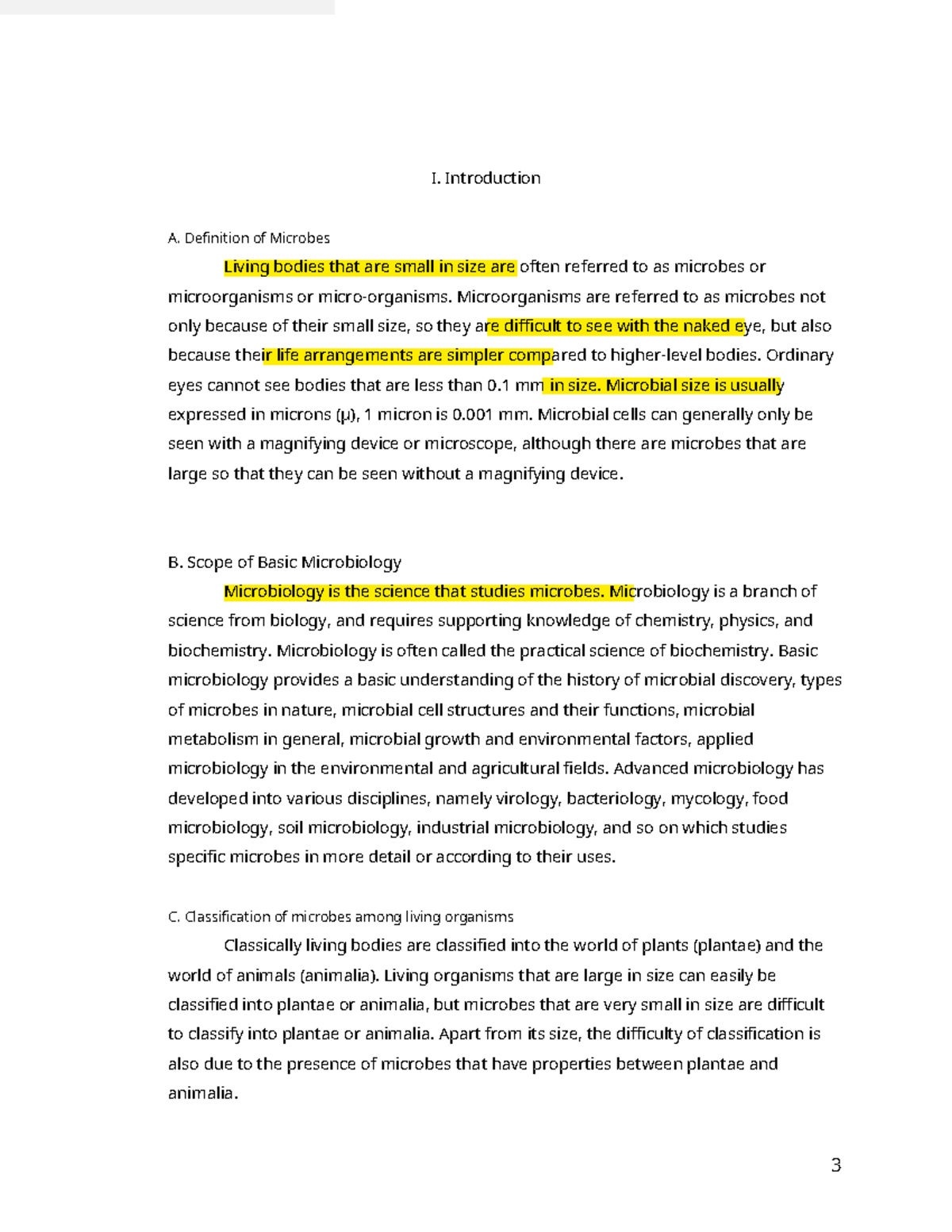 Biology Class (20) - I. Introduction A. Definition of Microbes Living ...