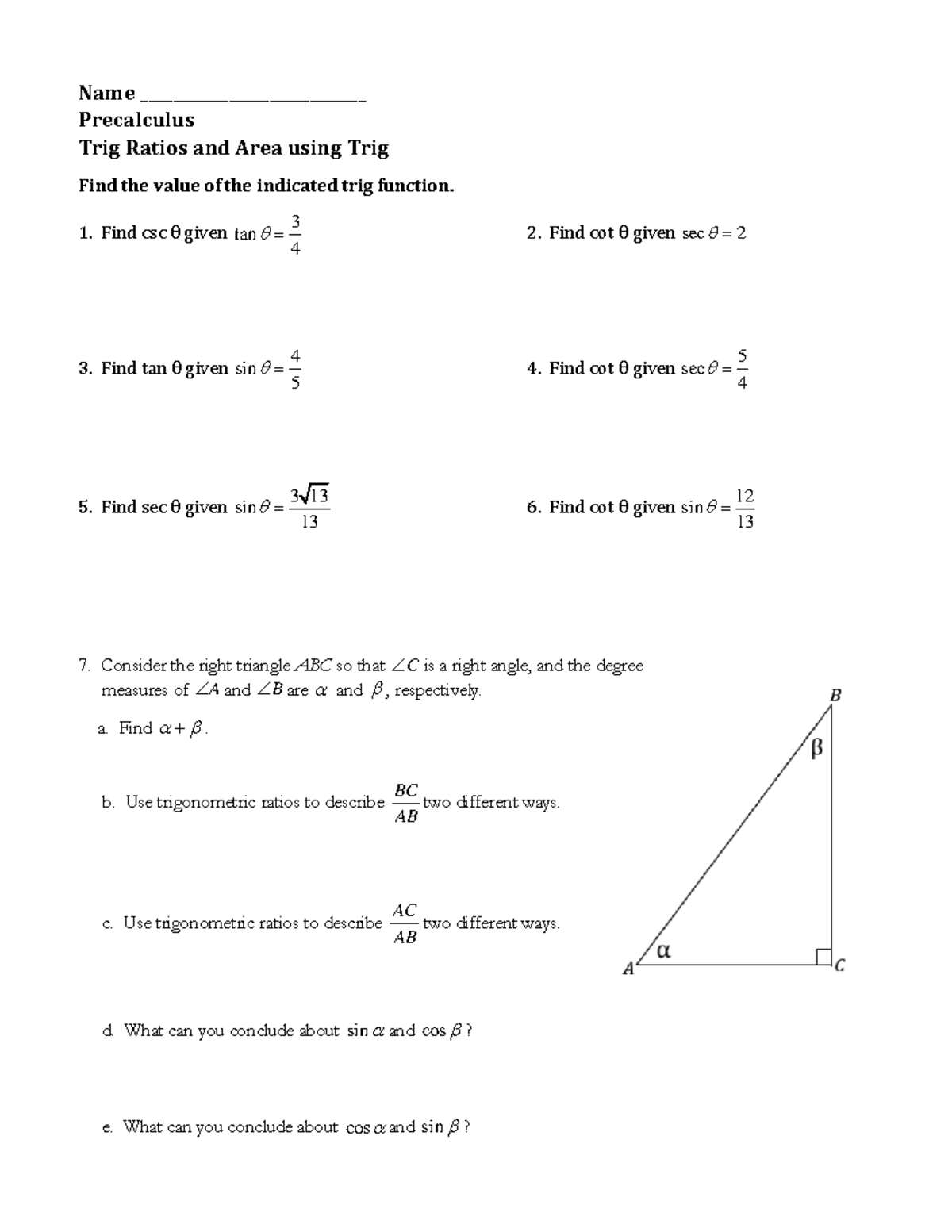 Trig ratios and Area using Trig WS - Name ...