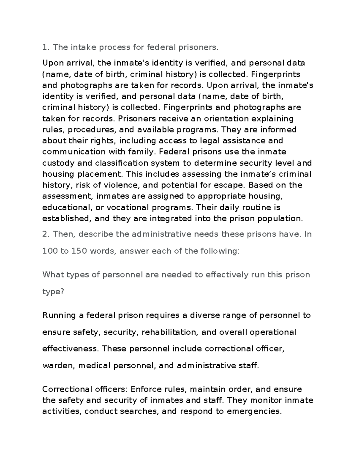 Correctional system 3-1 - 1. The intake process for federal prisoners ...