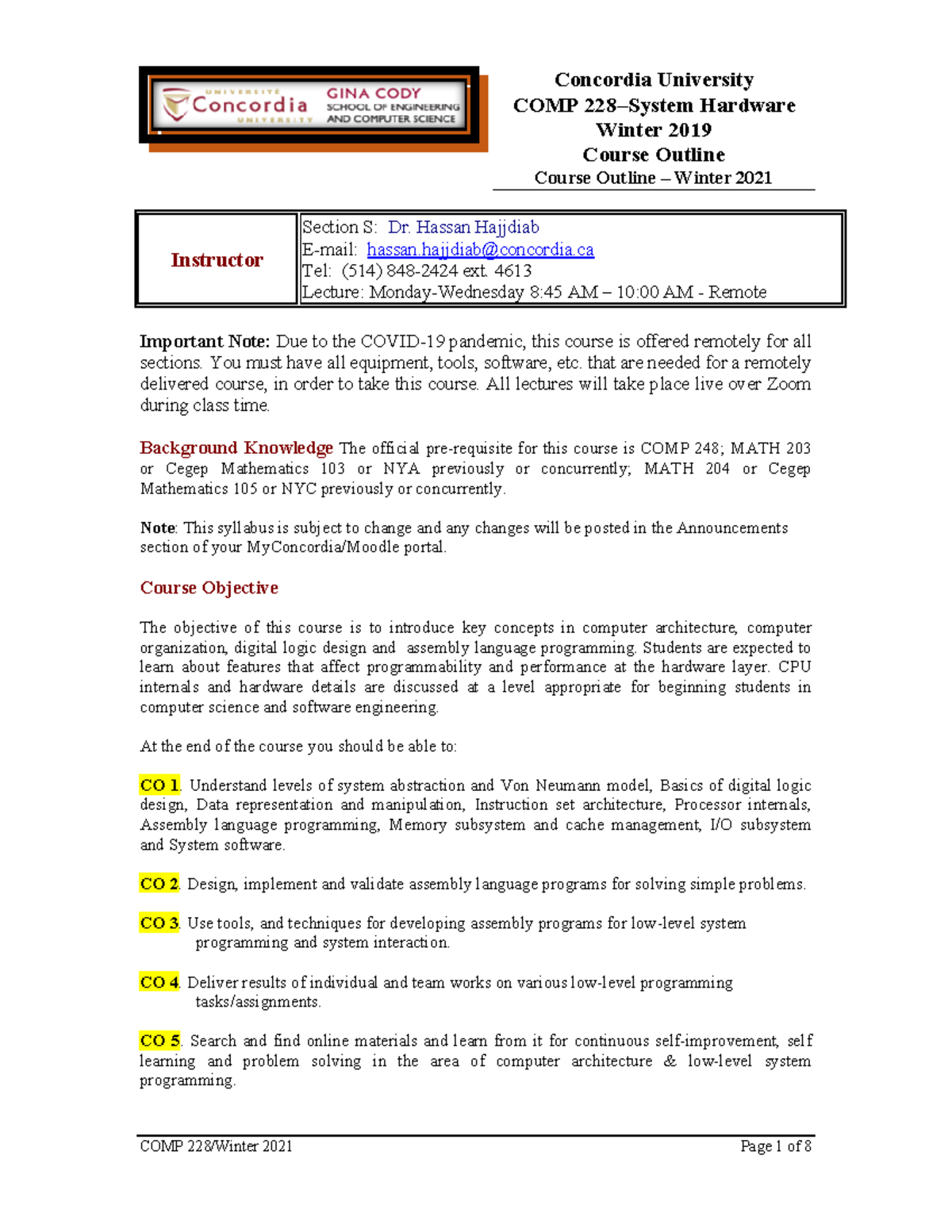 COMP 228 Course Outline Winter 2021 - Concordia University COMP 228 ...