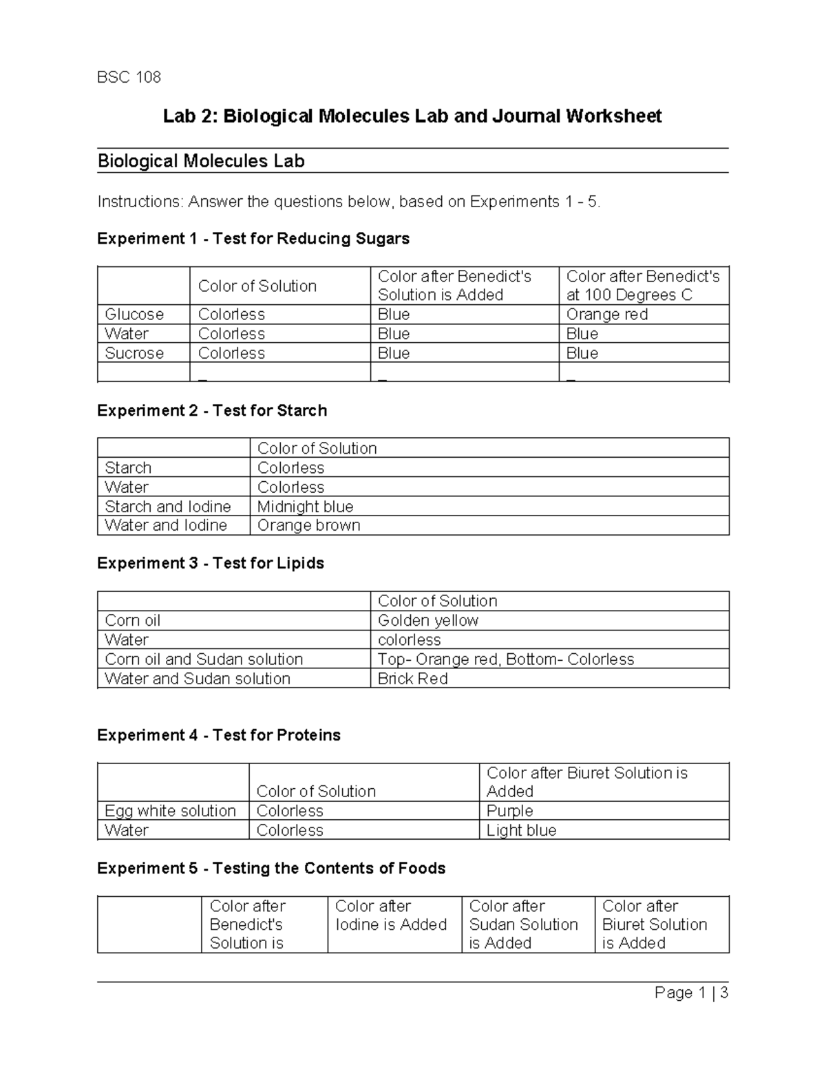 Lab 2 Biological Molecules Lab - Experiment 1 - Test for Reducing ...