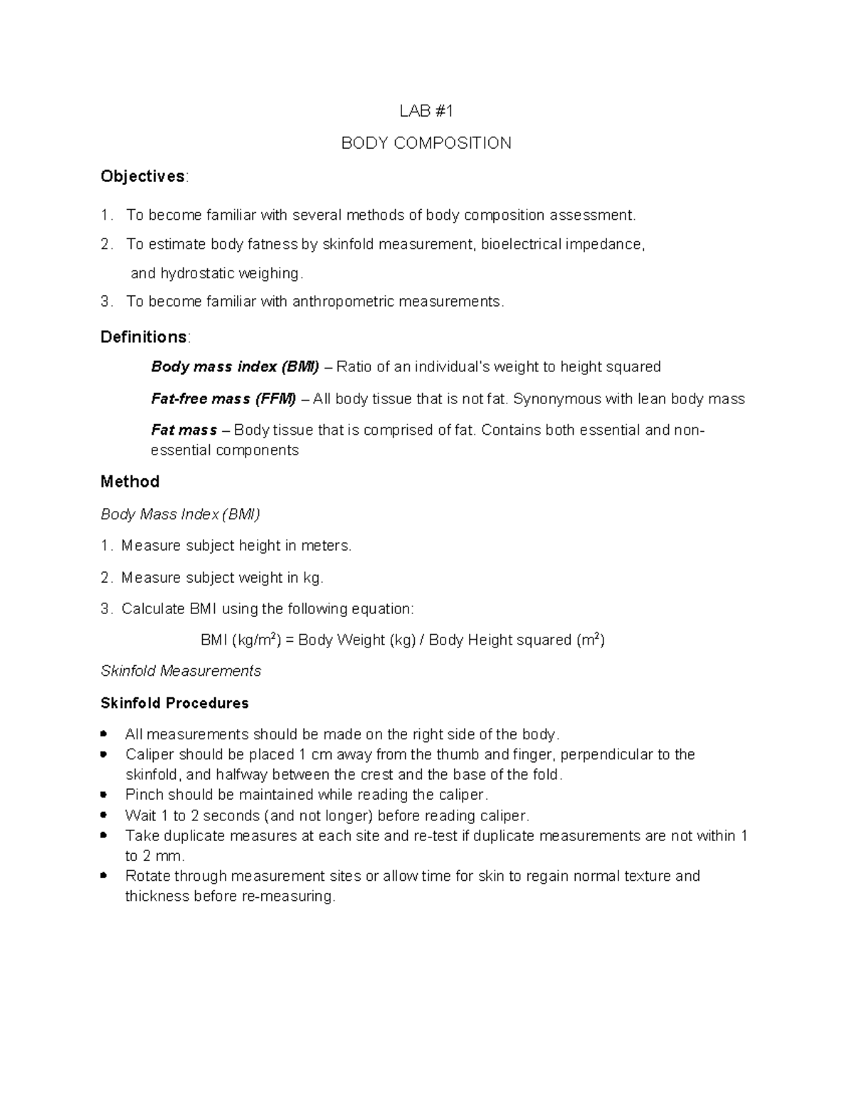 Lab Report #1 Body Composition - LAB BODY COMPOSITION Objectives: 1. To ...
