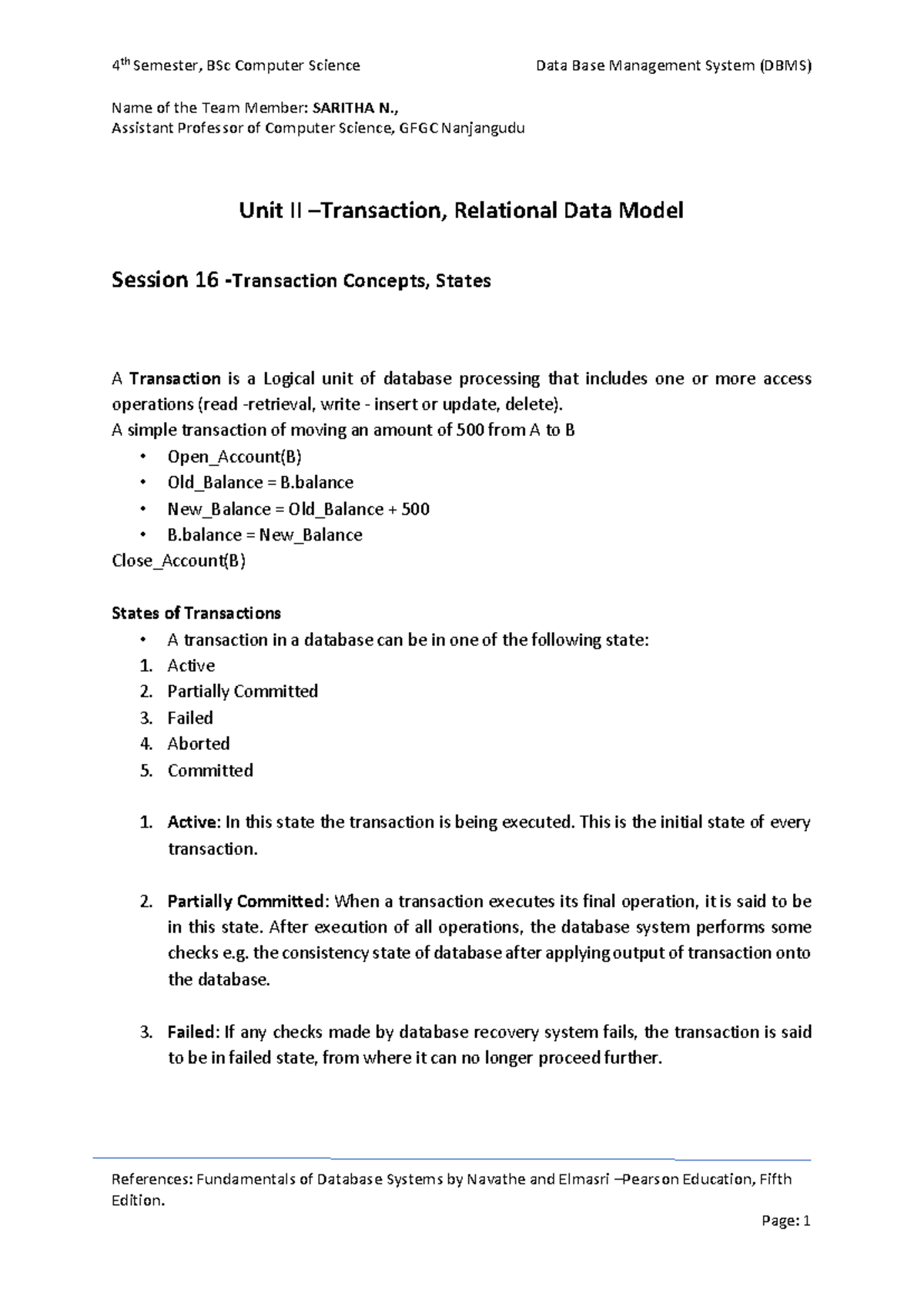 DBMS Unit2 Session 16 Transaction Concept - 4 th Semester, BSc Computer Science Data Base ...