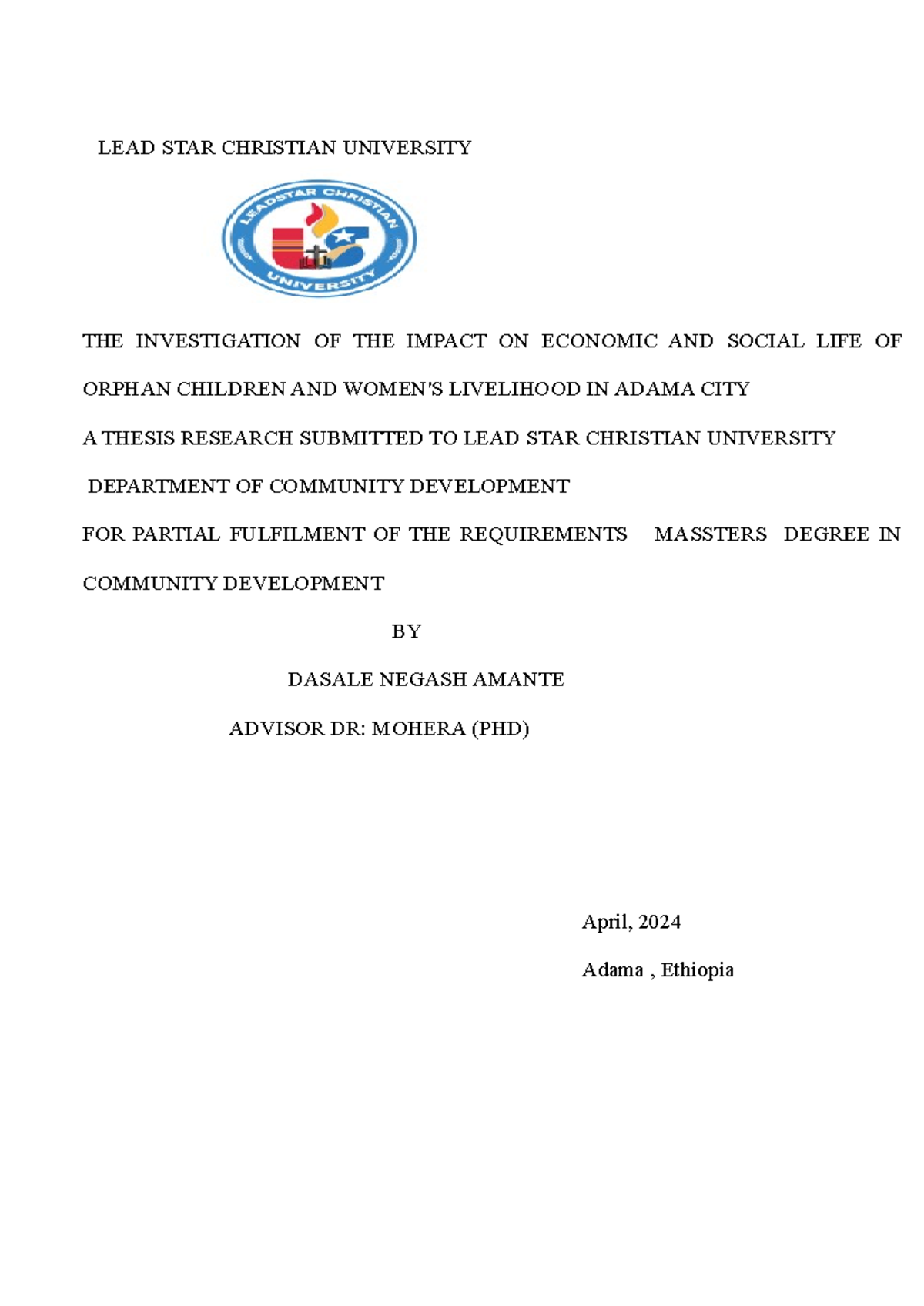 Dasale prop pdf - Accounting - LEAD STAR CHRISTIAN UNIVERSITY THE ...