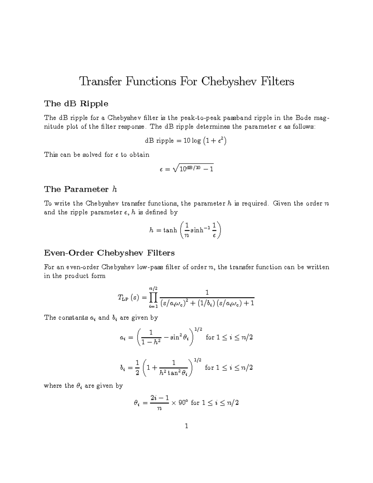 Transfer functions for chebyshev filters - Wudqvihu Ixqfwlrqv Iru Fkhe ...