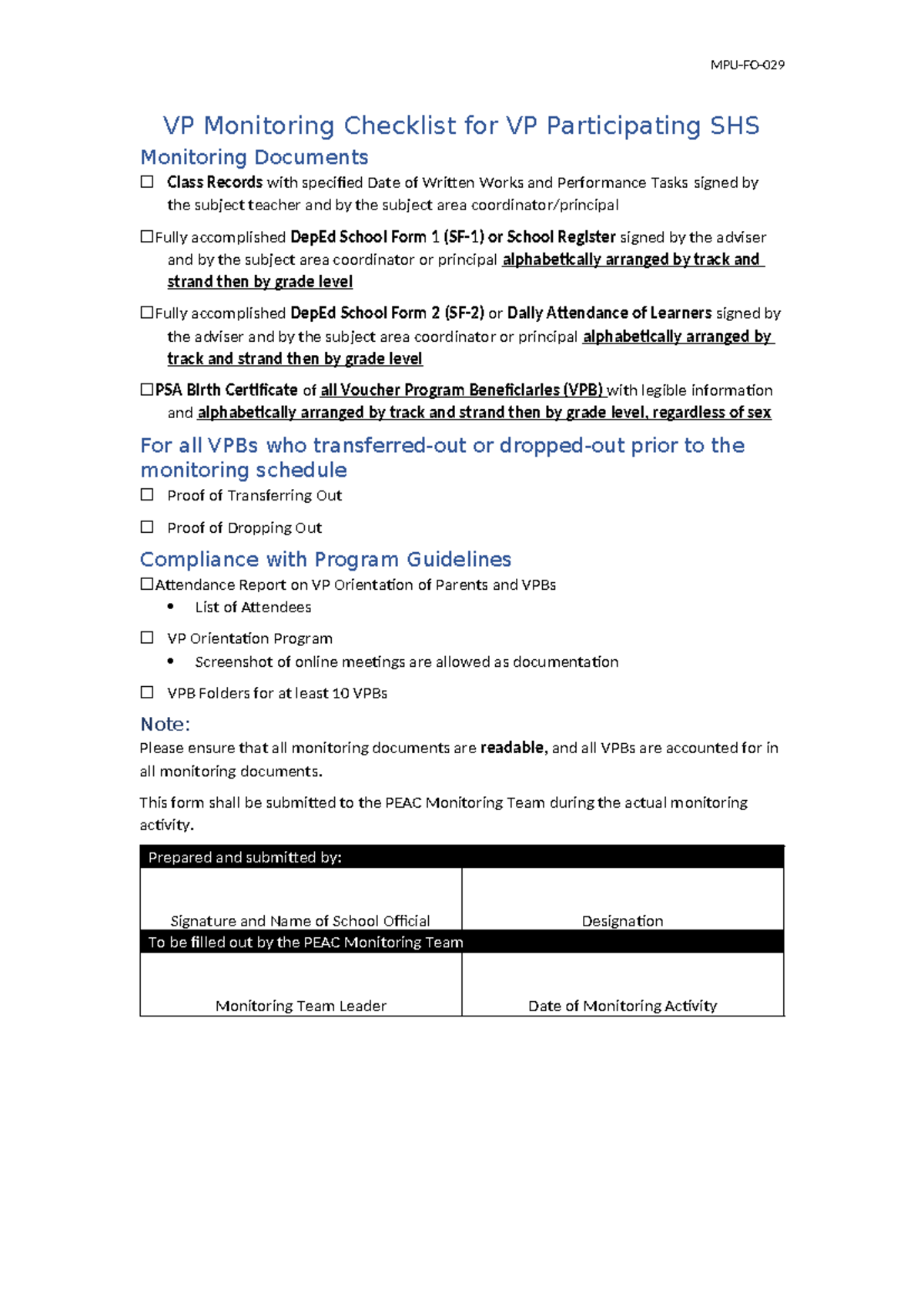 2024 VP Monitoring Checklist for VP Participating SHS - MPU-FO- VP ...