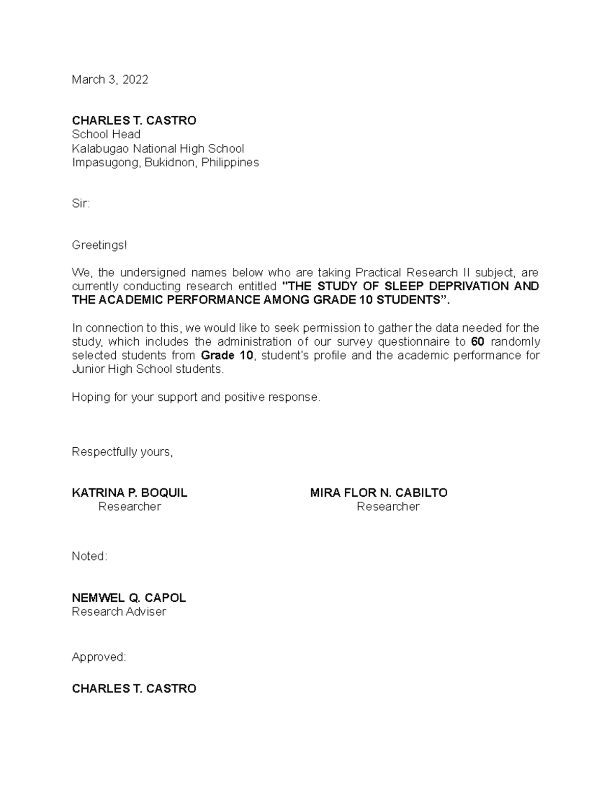 Letter Permission TO Conduct THE Study - March 3, 2022 CHARLES T ...