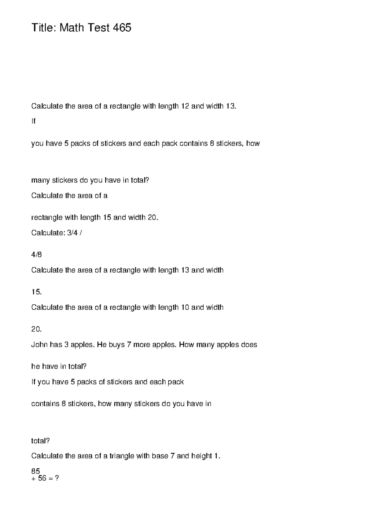 Math Test 465 - Test - Title: Math Test 465 Calculate the area of a ...