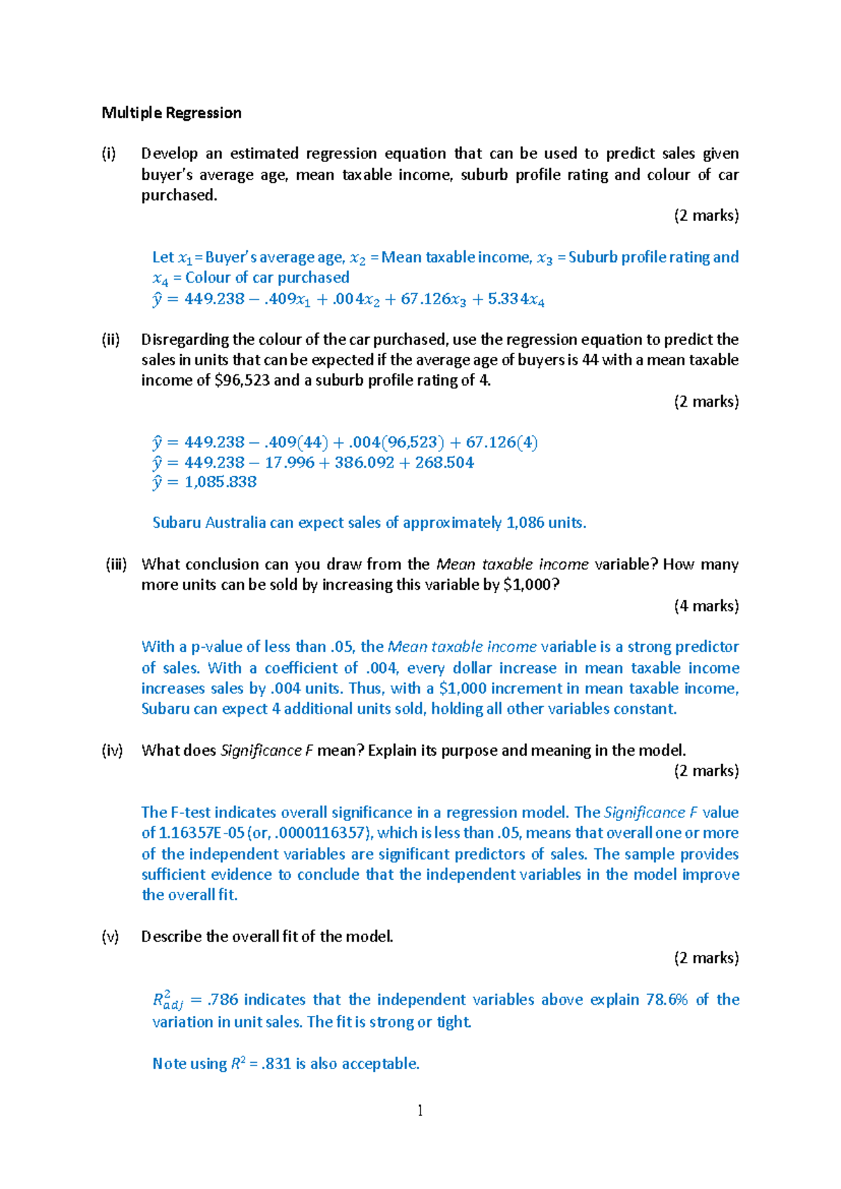 Past Paper Answers - Multiple Regression - 1 Multiple Regression (i) Develop an estimated ...