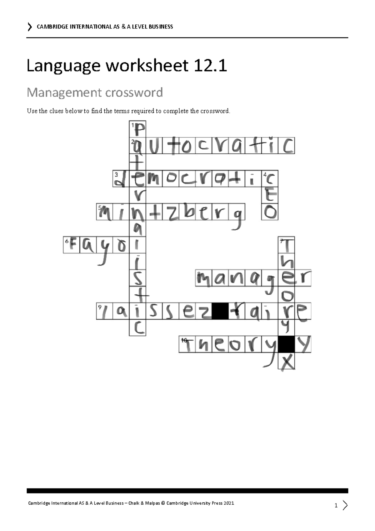 ASAL Business worksheet 12 - CAMBRIDGE INTERNATIONAL AS & A LEVEL ...