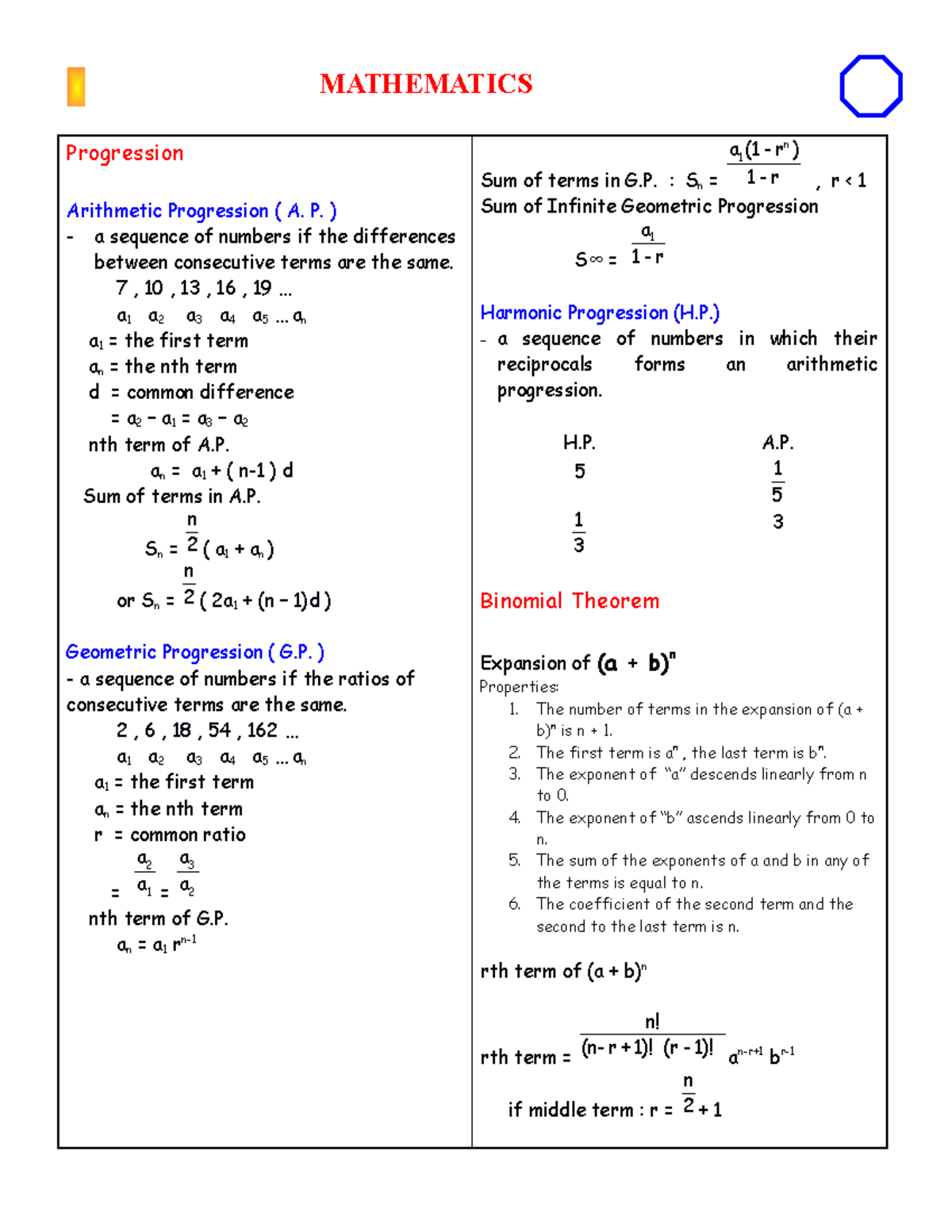 Mathematics-2 - Mathematics - MATHEMATICS Progression Arithmetic ...