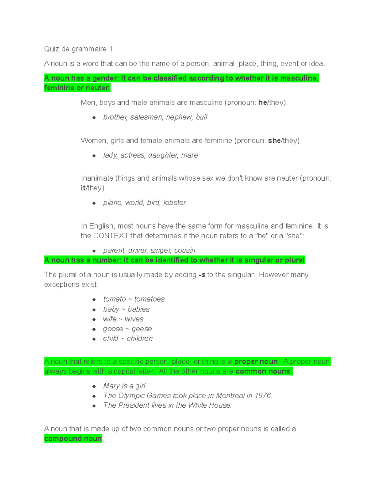 French Grammar Quiz 1 Practice with Answers - Quiz de grammaire 1 A ...