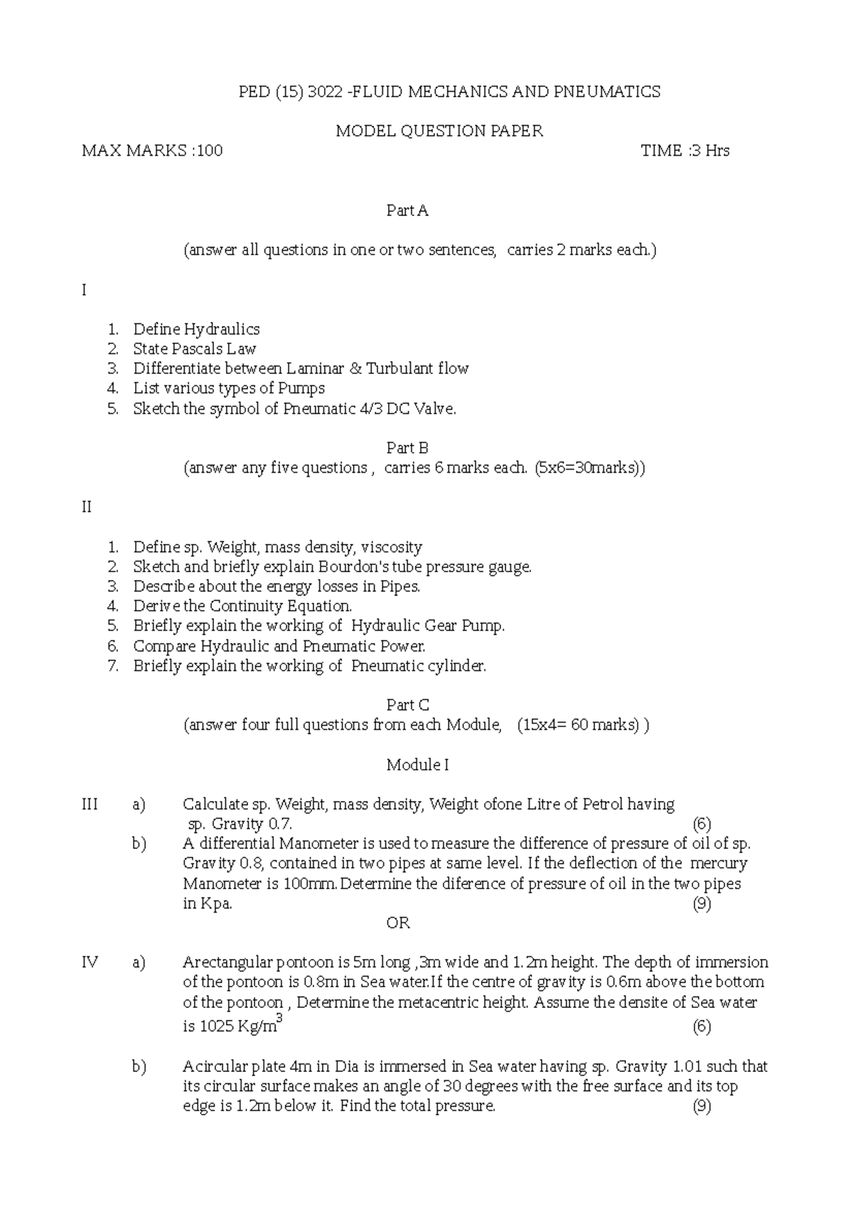 FMP Q model - Que and ans - PED (15) 3022 -FLUID MECHANICS AND ...
