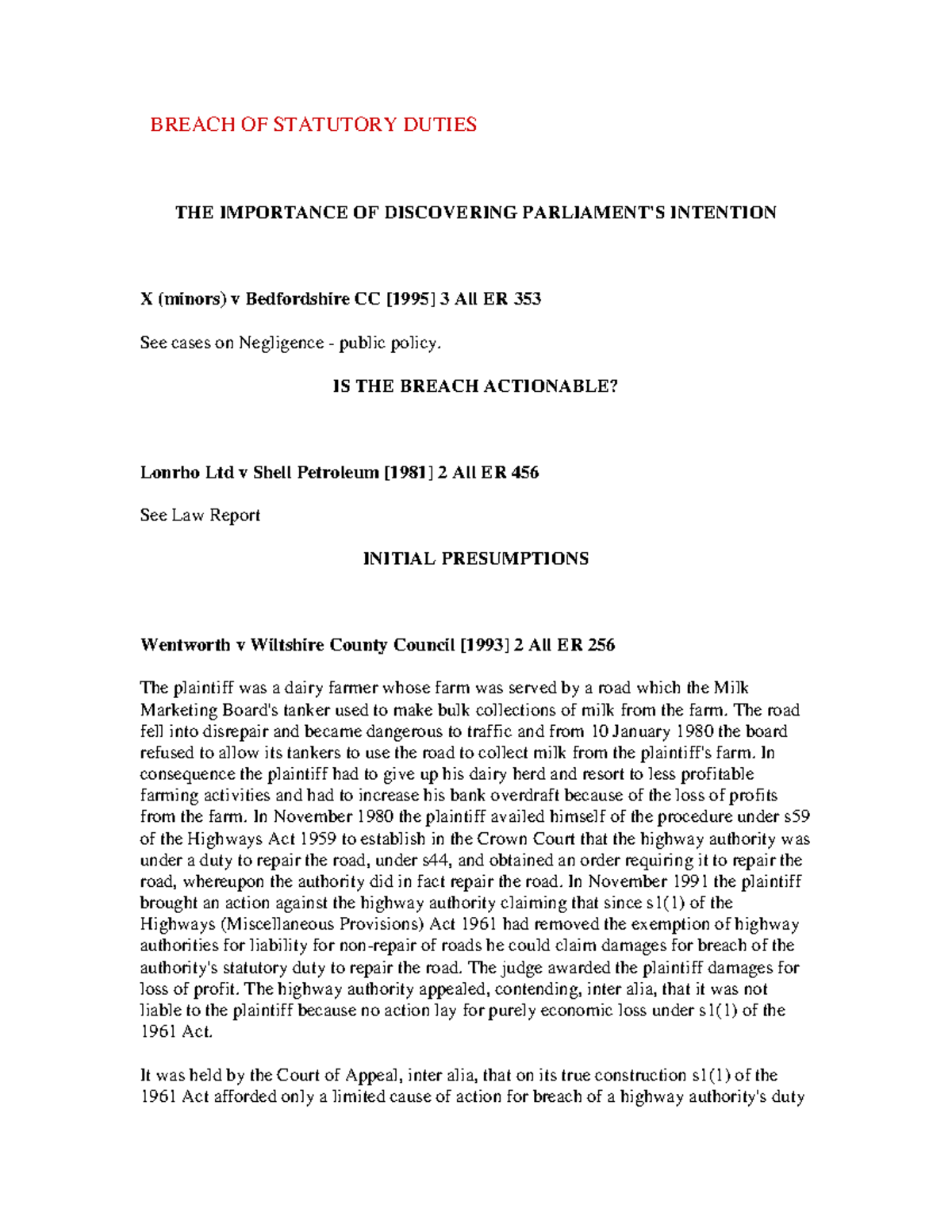 Tort Cases - My typed notes - BREACH OF STATUTORY DUTIES THE IMPORTANCE ...
