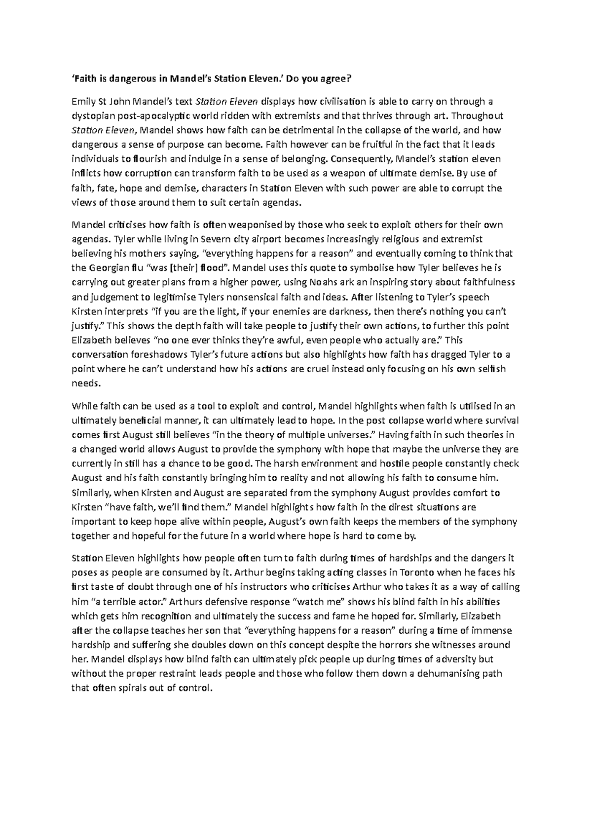 Faith Is Dangerous Station Eleven - Caulfield GS - Studocu